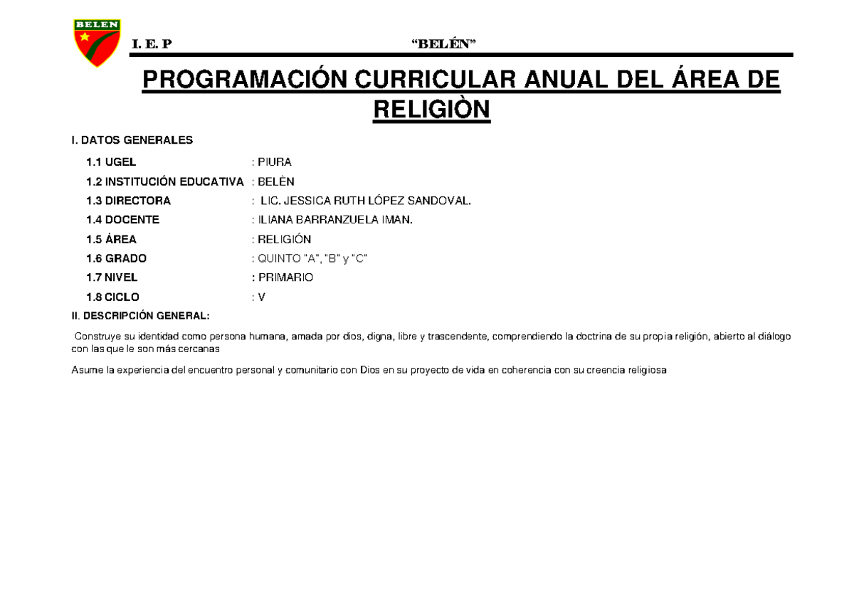 Programaciòn Anual DE Religiòn 2024- II - PROGRAMACIÓN CURRICULAR ANUAL DEL ÁREA DE RELIGIÒN I ...