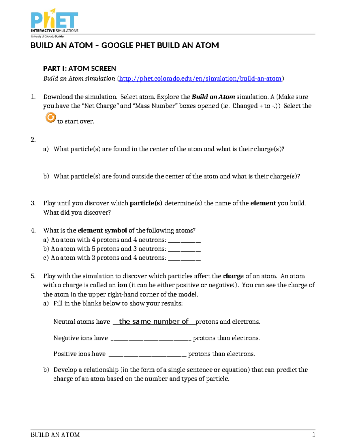Build An Atom Classwork - BUILD AN ATOM – GOOGLE PHET BUILD AN ATOM PART I: ATOM SCREEN Build an ...