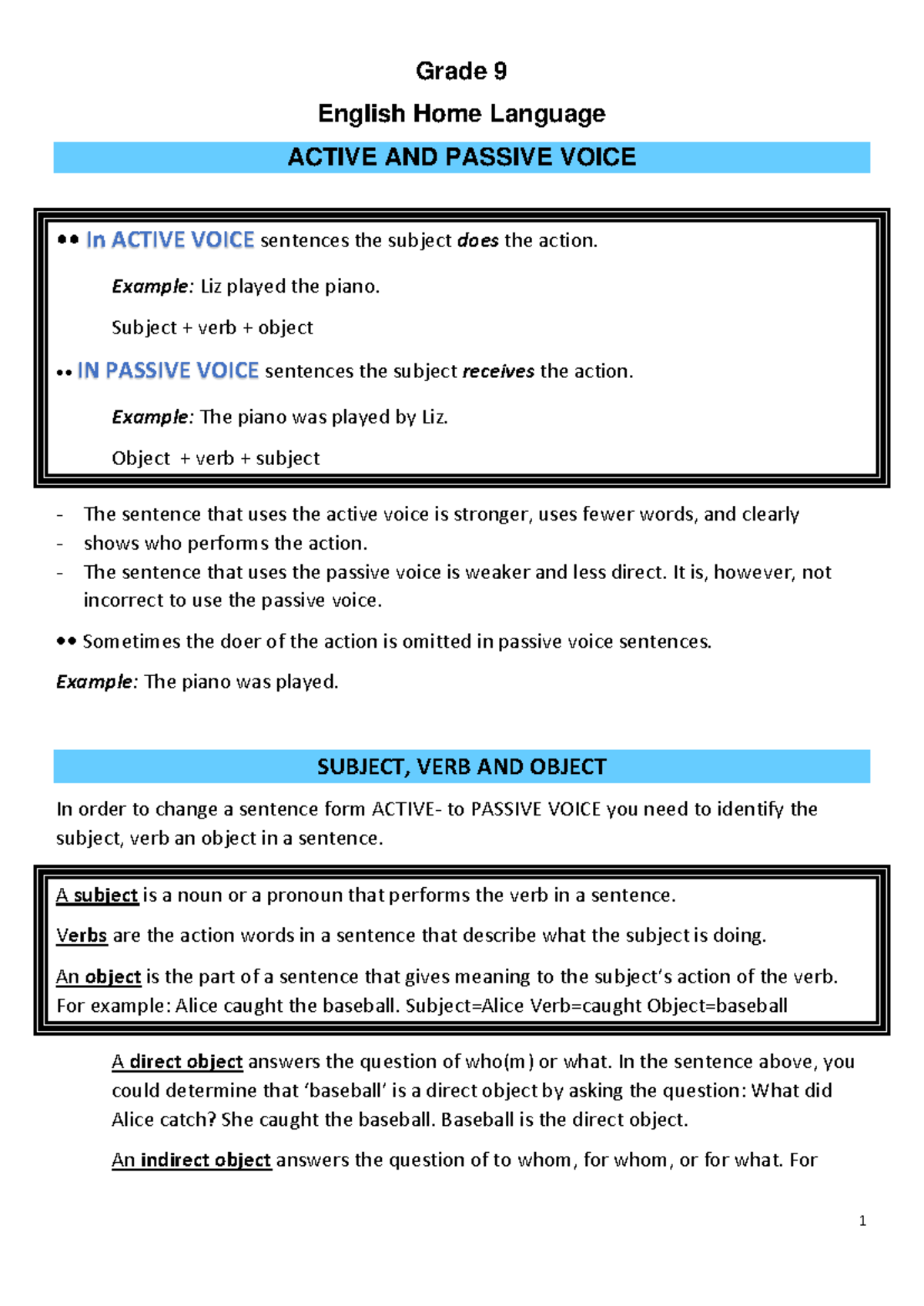 Grade 9 English HL Active and Passive voice worksheet and notes - Grade ...
