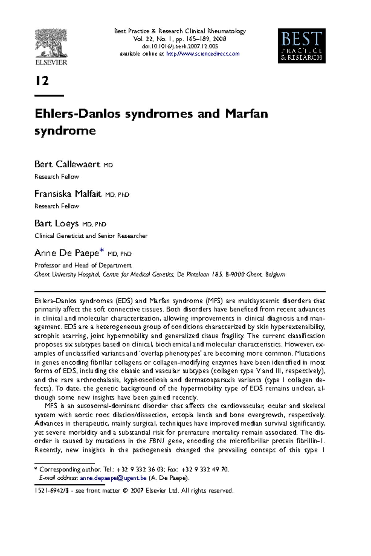 Ehlers Danlos and Marfan - 12 Ehlers-Danlos syndromes and Marfan ...