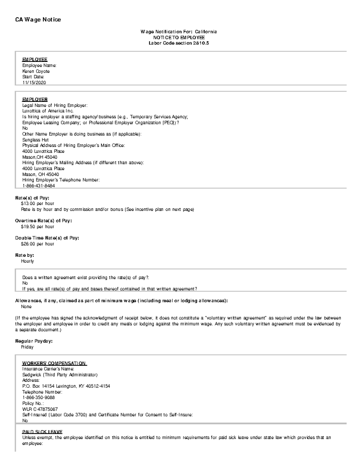 CA Wage Notice - CA Wage Notice Wage Notification For: California NOTI ...