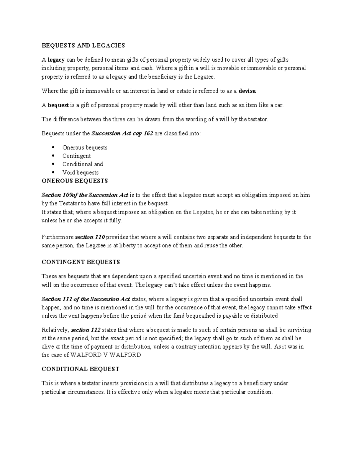 Legacies AND Bequests - Summary land law - BEQUESTS AND LEGACIES A ...