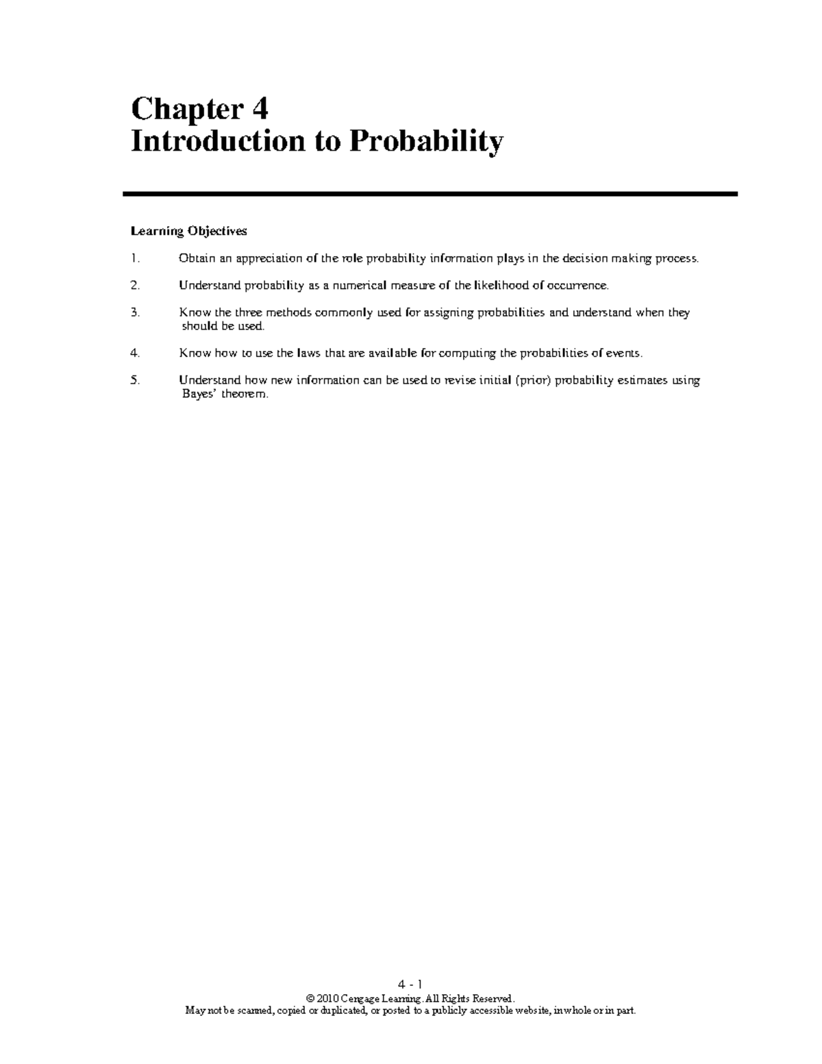 Self - Assessment Chapter 4 - Chapter 4 Introduction to Probability Learning Objectives 1 ...
