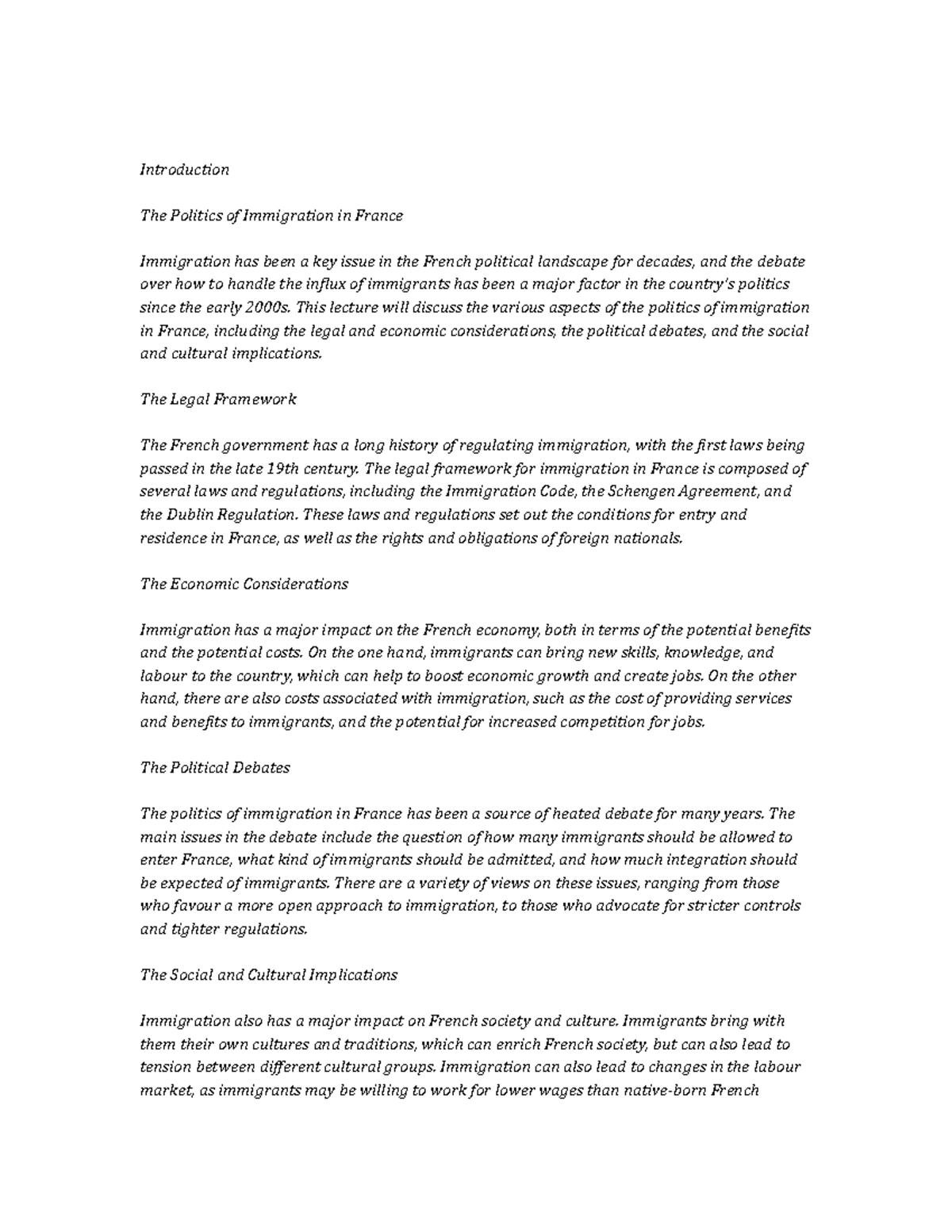 The Politics of Immigration Notes de cours - Introduction The Politics ...
