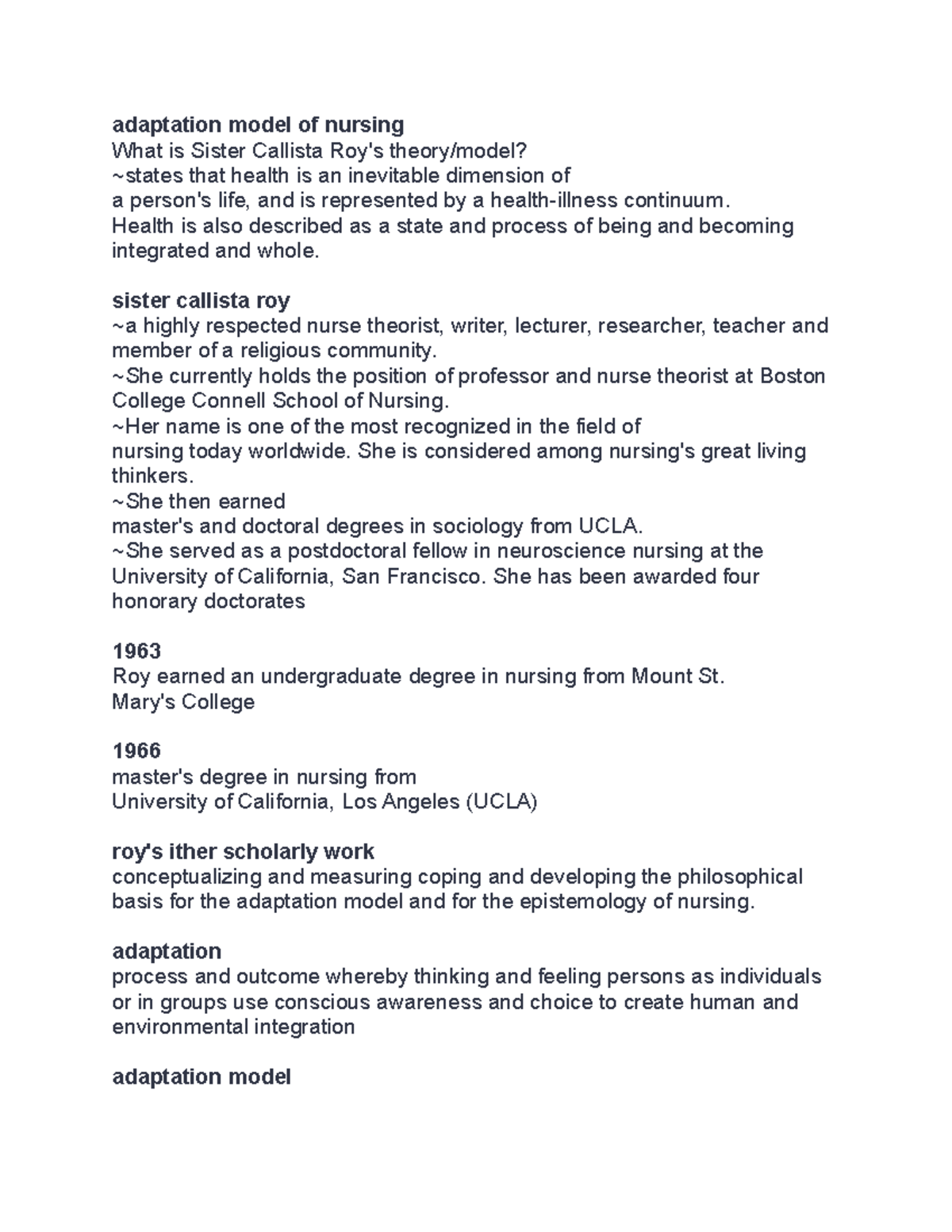 Nursing theory Sister Callista Roy - adaptation model of nursing What ...