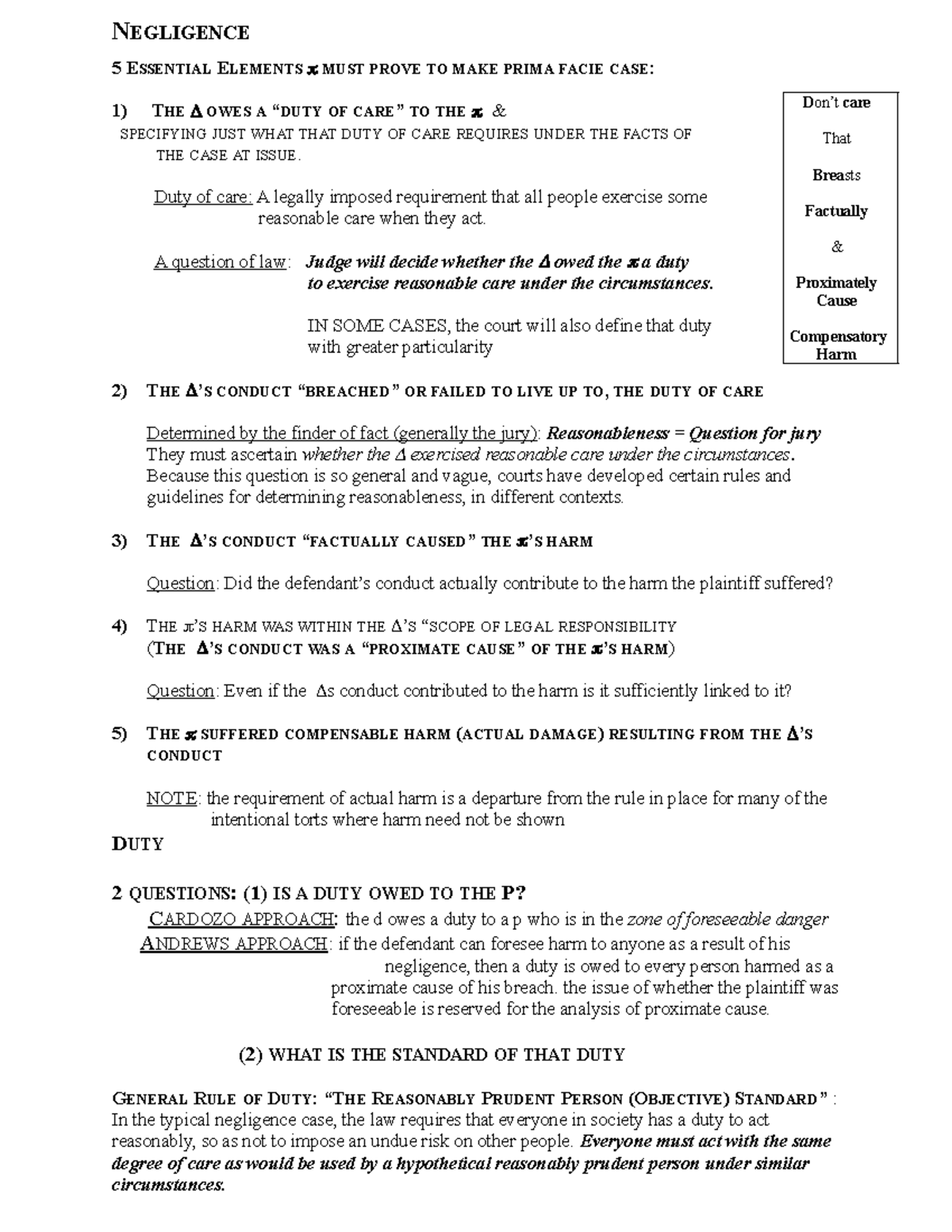 Negligence Outline - NEGLIGENCE 5 ESSENTIAL ELEMENTS MUST PROVE TO MAKE ...
