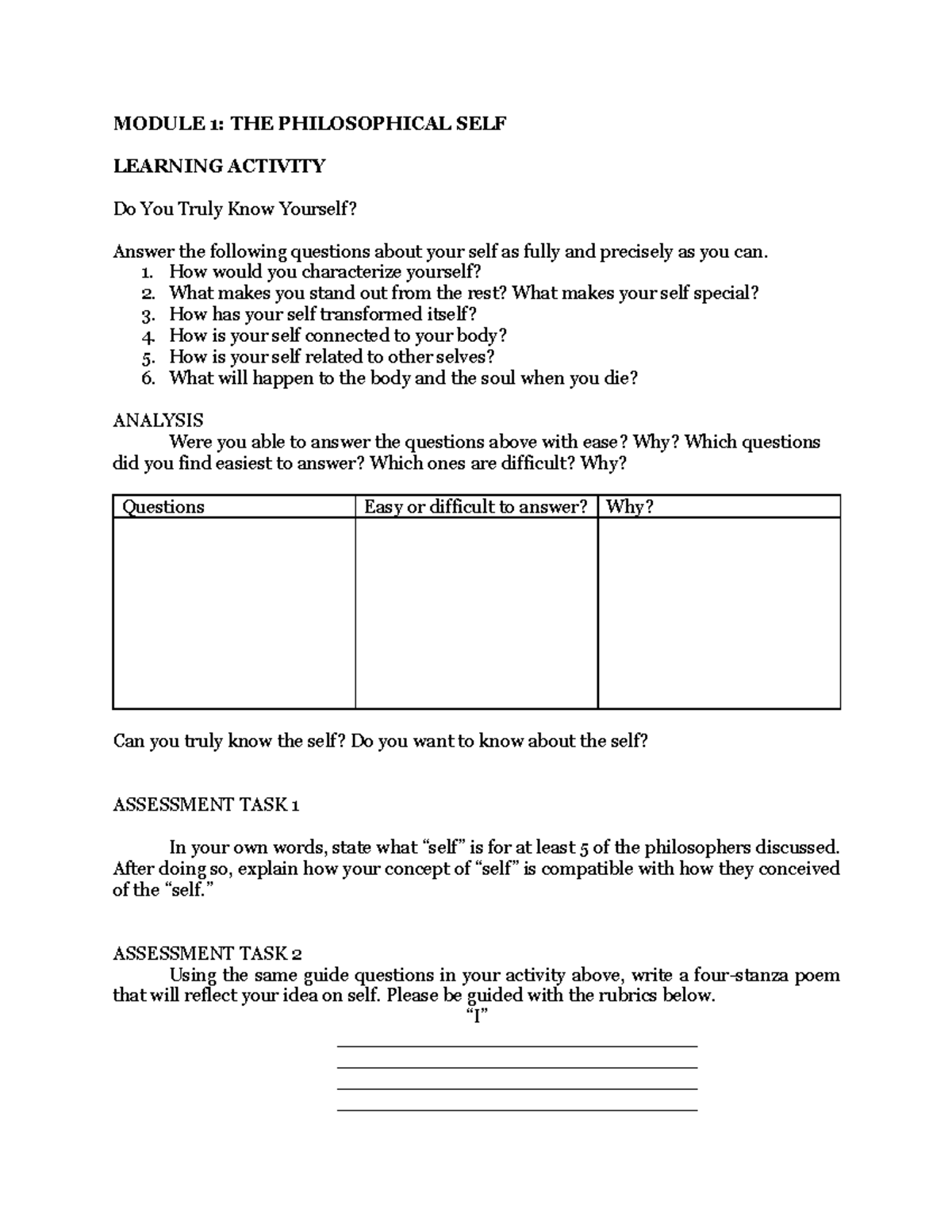 TASK 1 - None - MODULE 1: THE PHILOSOPHICAL SELF LEARNING ACTIVITY Do ...