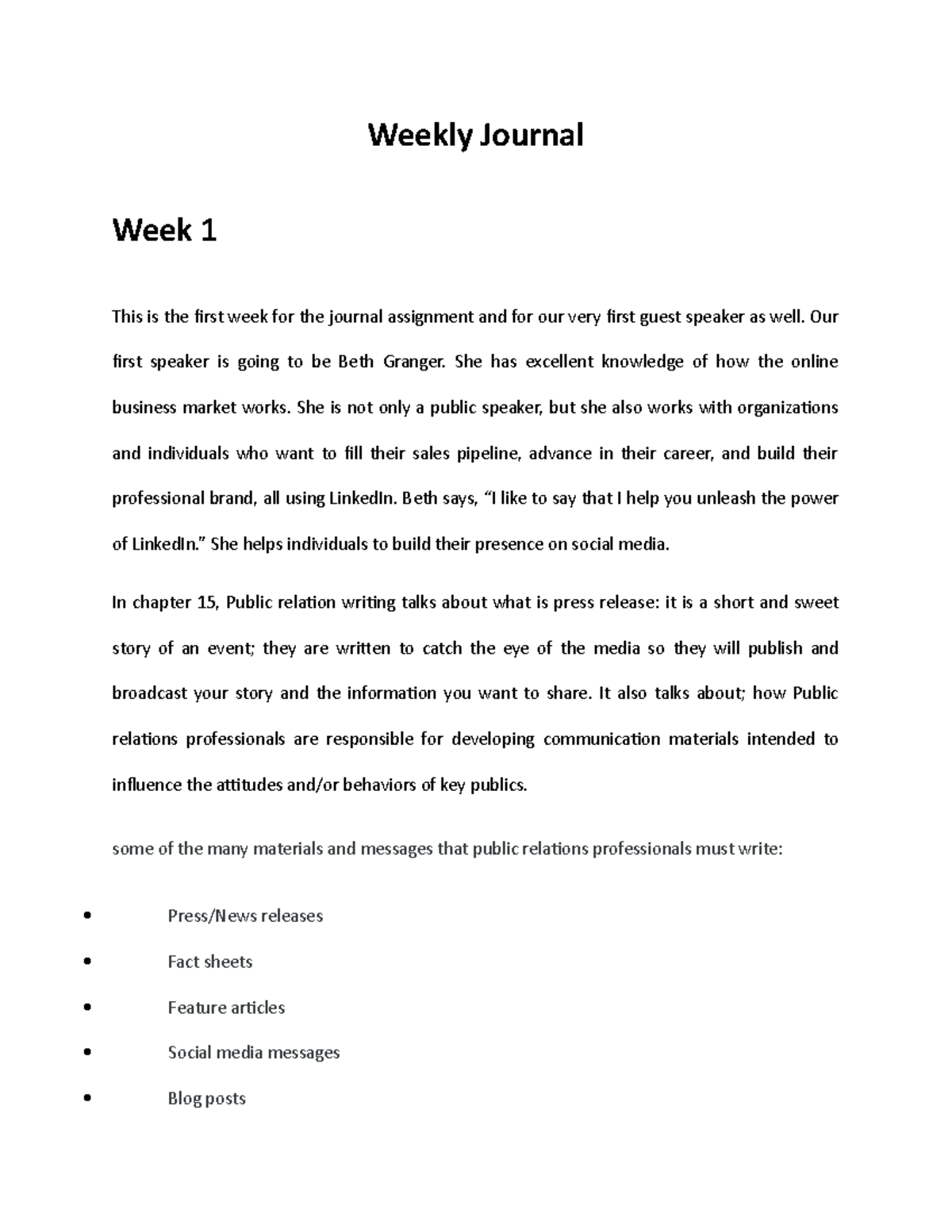 Weekly Journal 1 for chapter 1 of public relation - Weekly Journal Week ...