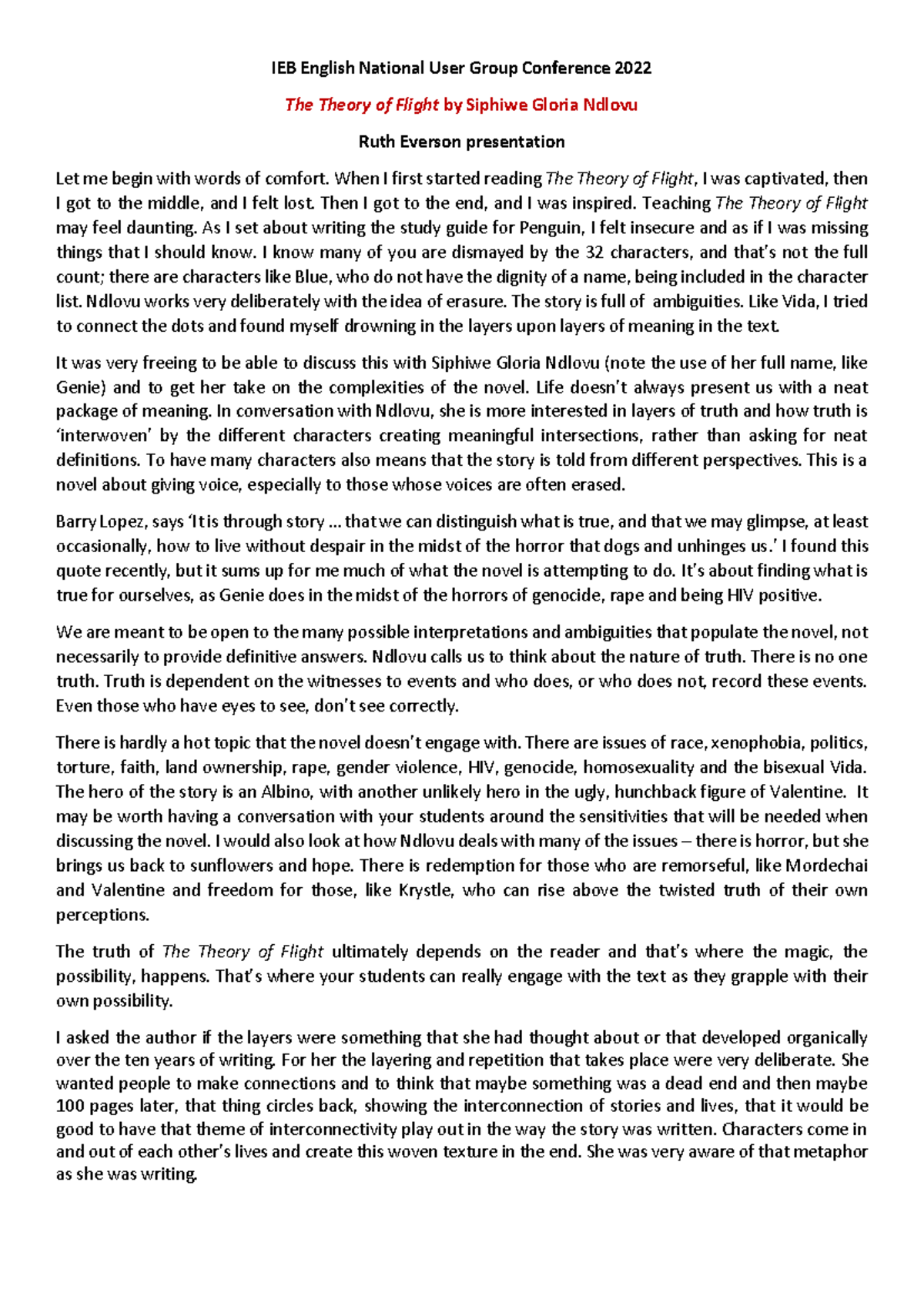 The Theory of Flight Analysis by Ruth Everson - IEB English National User Group Conference 2022 ...