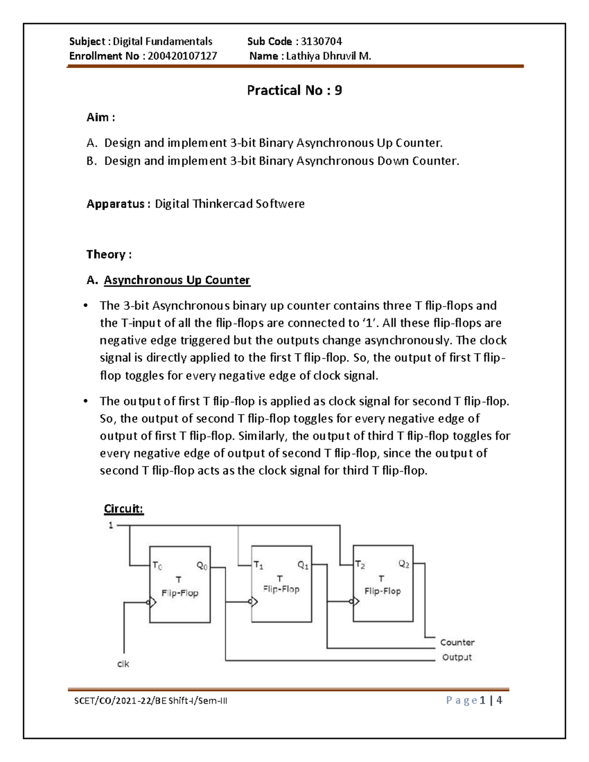 T flip flop up and down - Enrollment No : 200420107127 Name : Lathiya ...