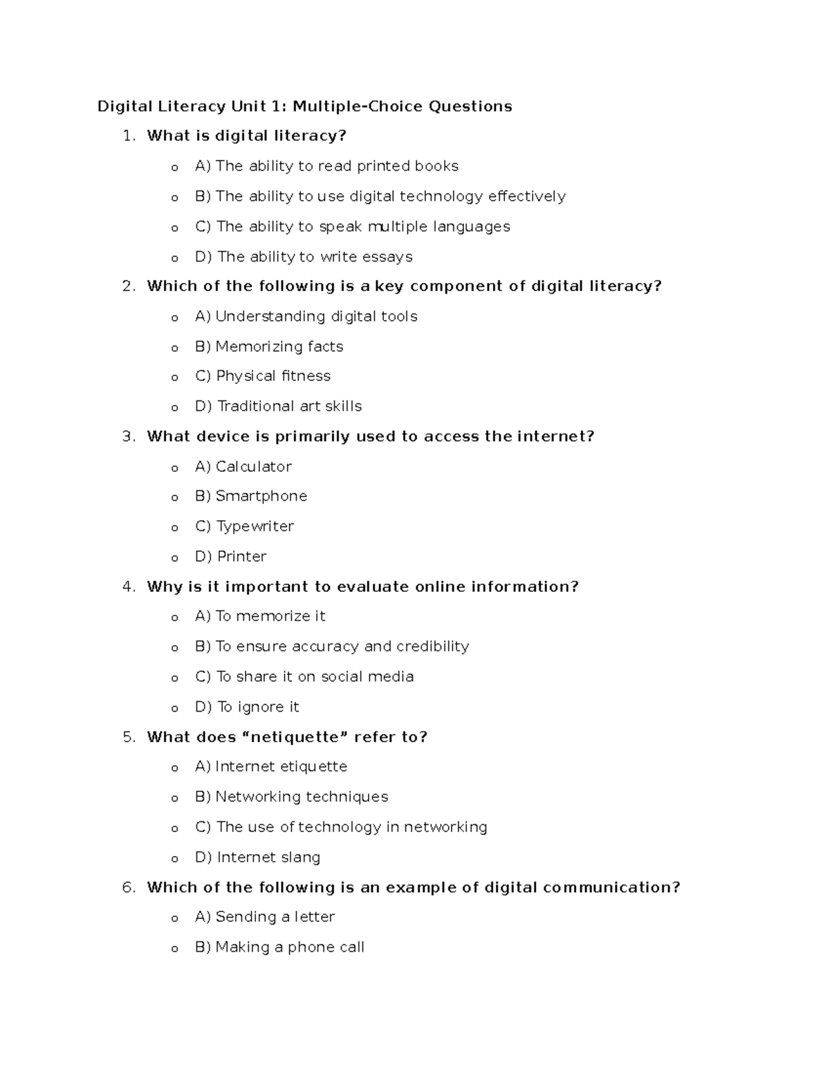 Digital Literacy Unit 1 quizz 2 - Digital Literacy Unit 1: Multiple ...