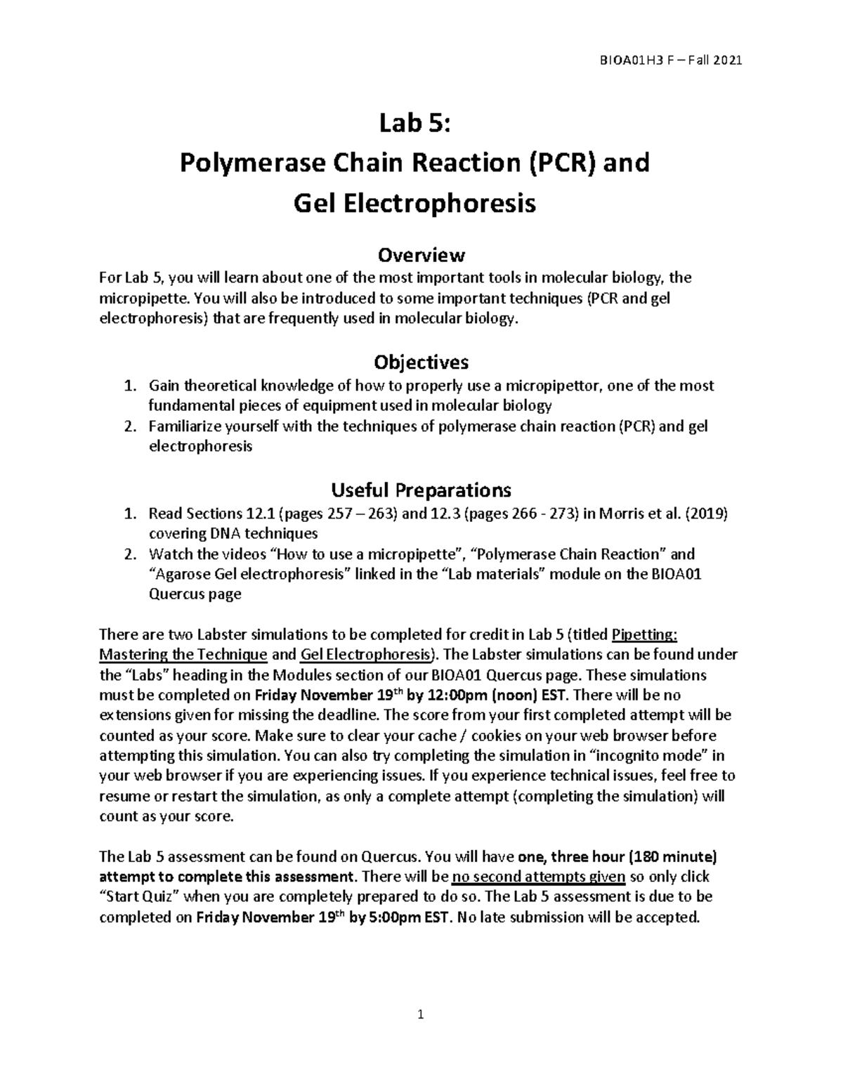 BIOA01 Lab 5 - PCR and Gel electrophoresis Instructions F2021 - Lab 5 ...