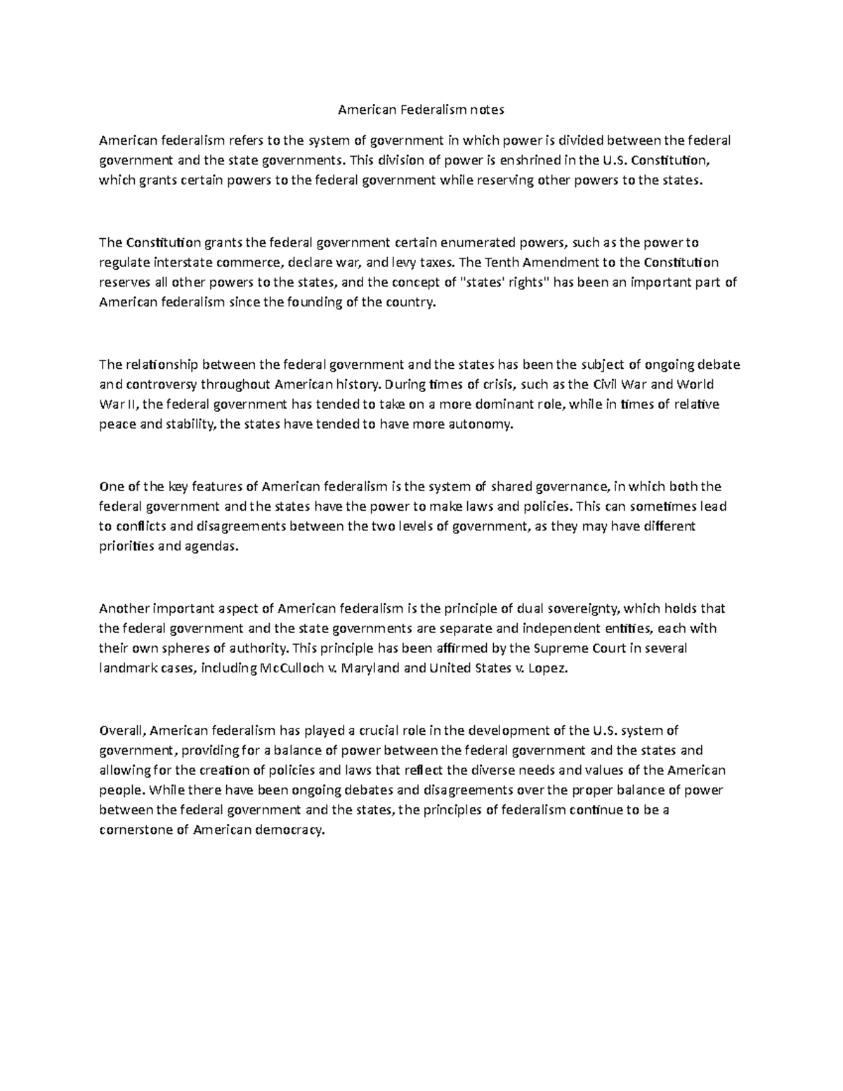 American Federalism notes - American Federalism notes American ...