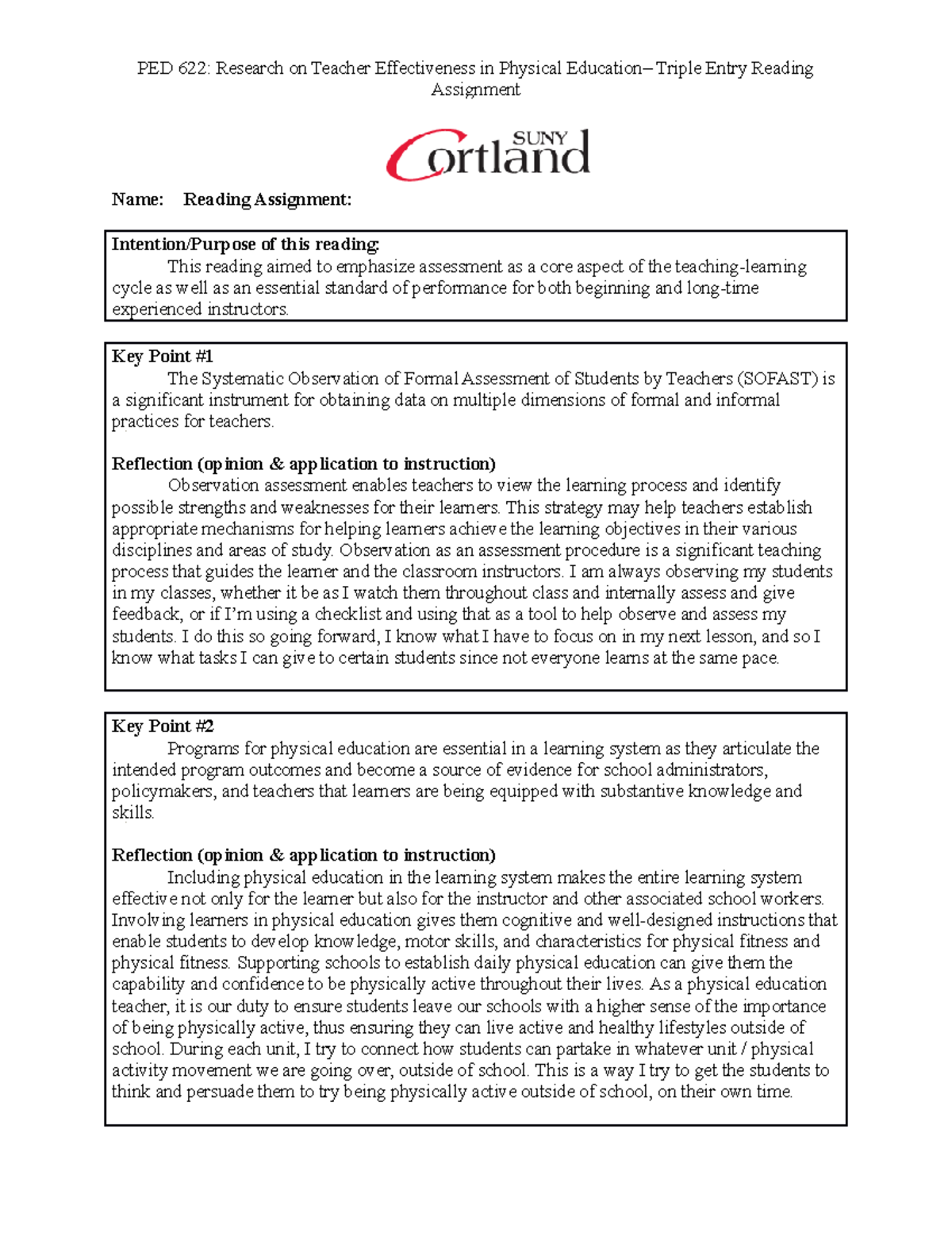 Triple entry form cortland PED 622 Systematic Observation of Formal ...