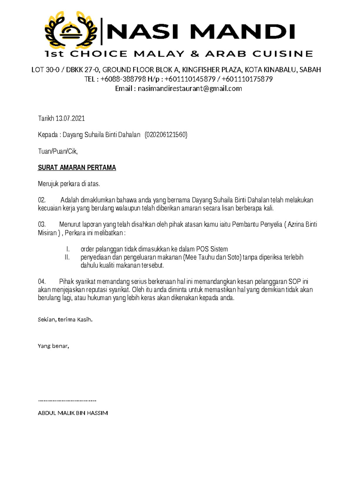 Warning letter - LOT 30-0 / DBKK 27-0, GROUND FLOOR BLOK A, KINGFISHER ...