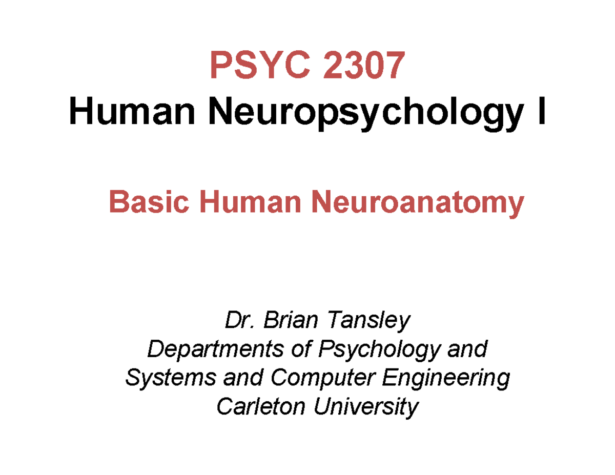 Topic 2 - notes - PSYC 2307 Human Neuropsychology I Dr. Brian Tansley ...