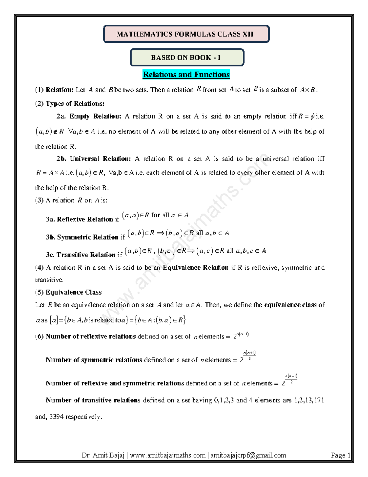 Class XII Formula LIST ( Based ON BOOK-1 BY DR. AMIT Bajaj) - Relations ...