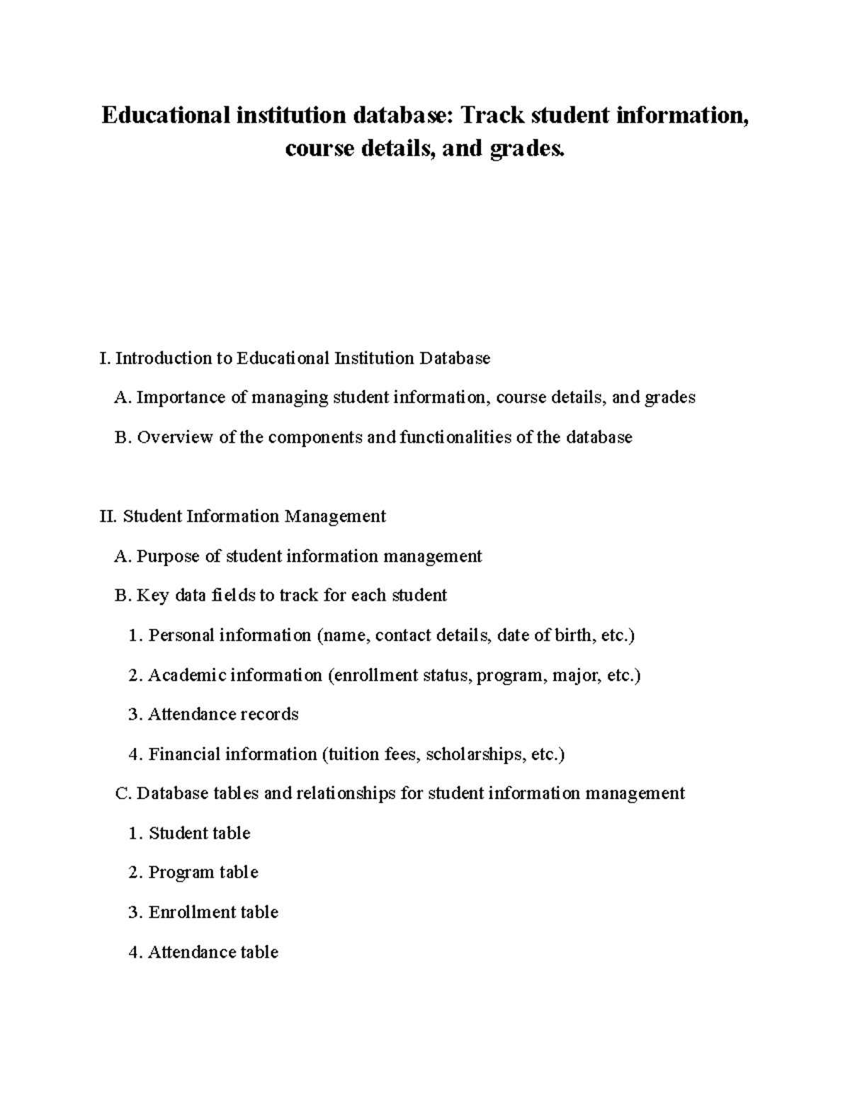 Educational institution database Track student information, course ...