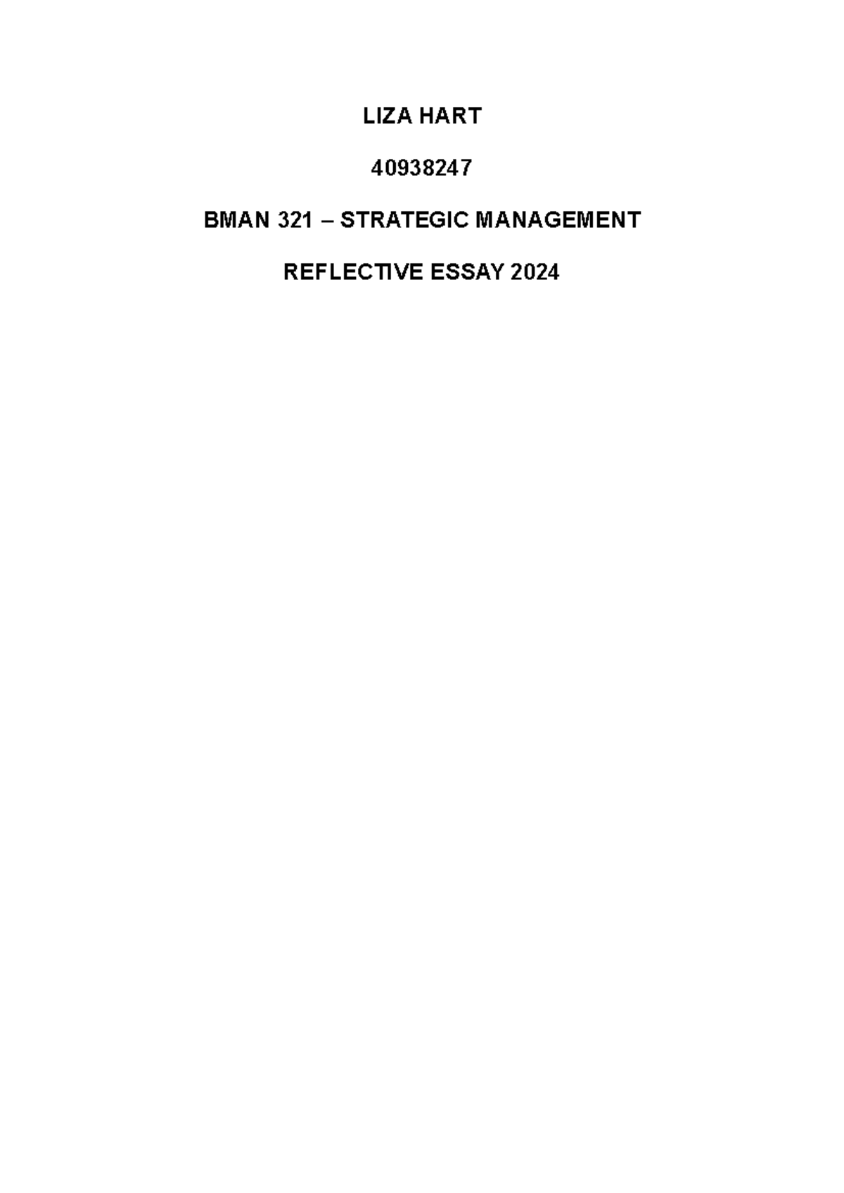 BMAN 321 Reflective Essay - LIZA HART 40938247 BMAN 321 – STRATEGIC ...