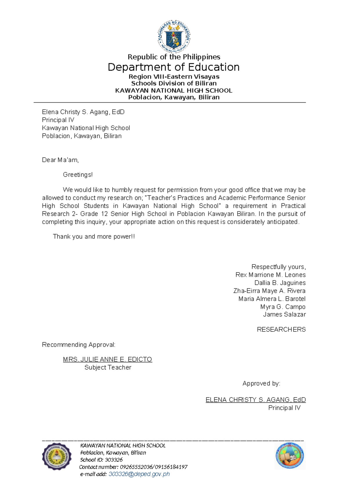 Appendix A - Sample for Permission Letter - Republic of the Philippines ...