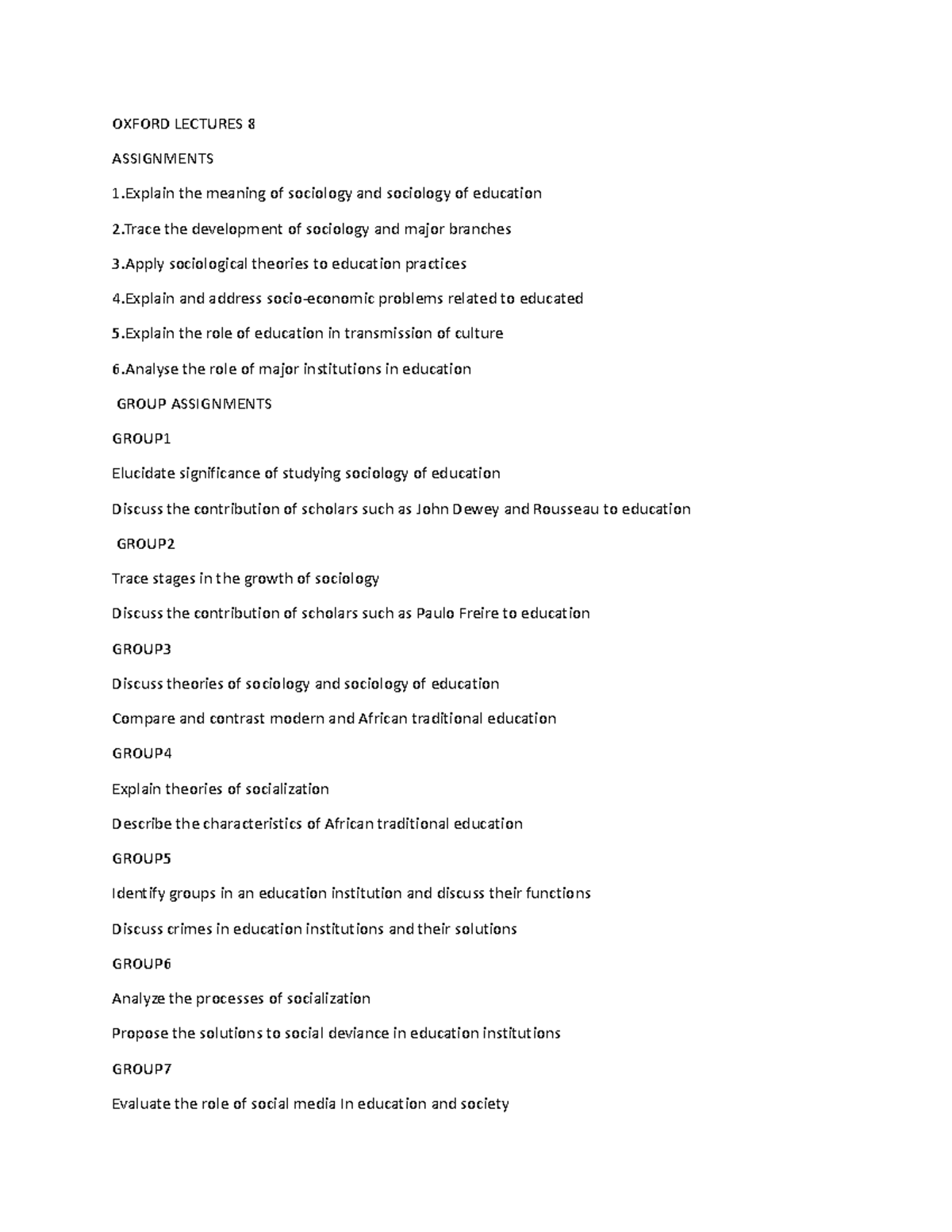 Oxford Lectures 8 - not sure - OXFORD LECTURES 8 ASSIGNMENTS 1 the ...