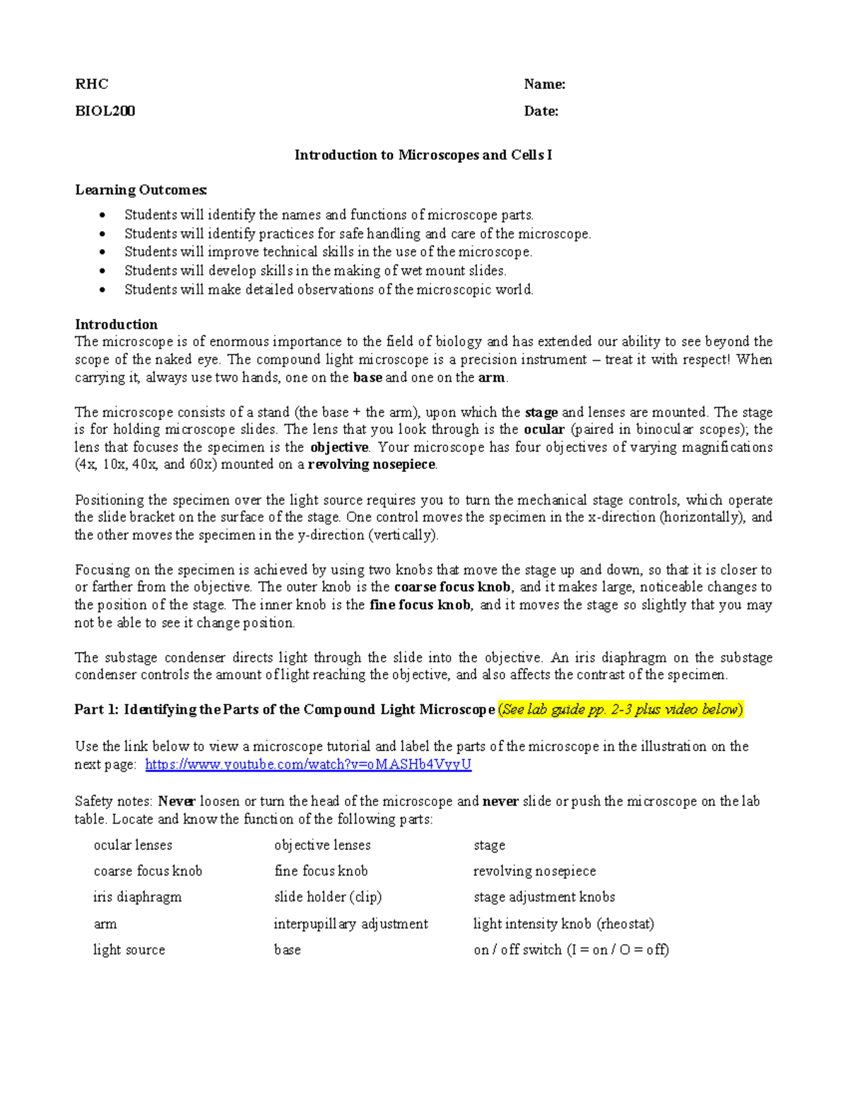 BIOL200 Microscopy I lab Remote - RHC Name: BIOL200 Date: Introduction to Microscopes and Cells ...
