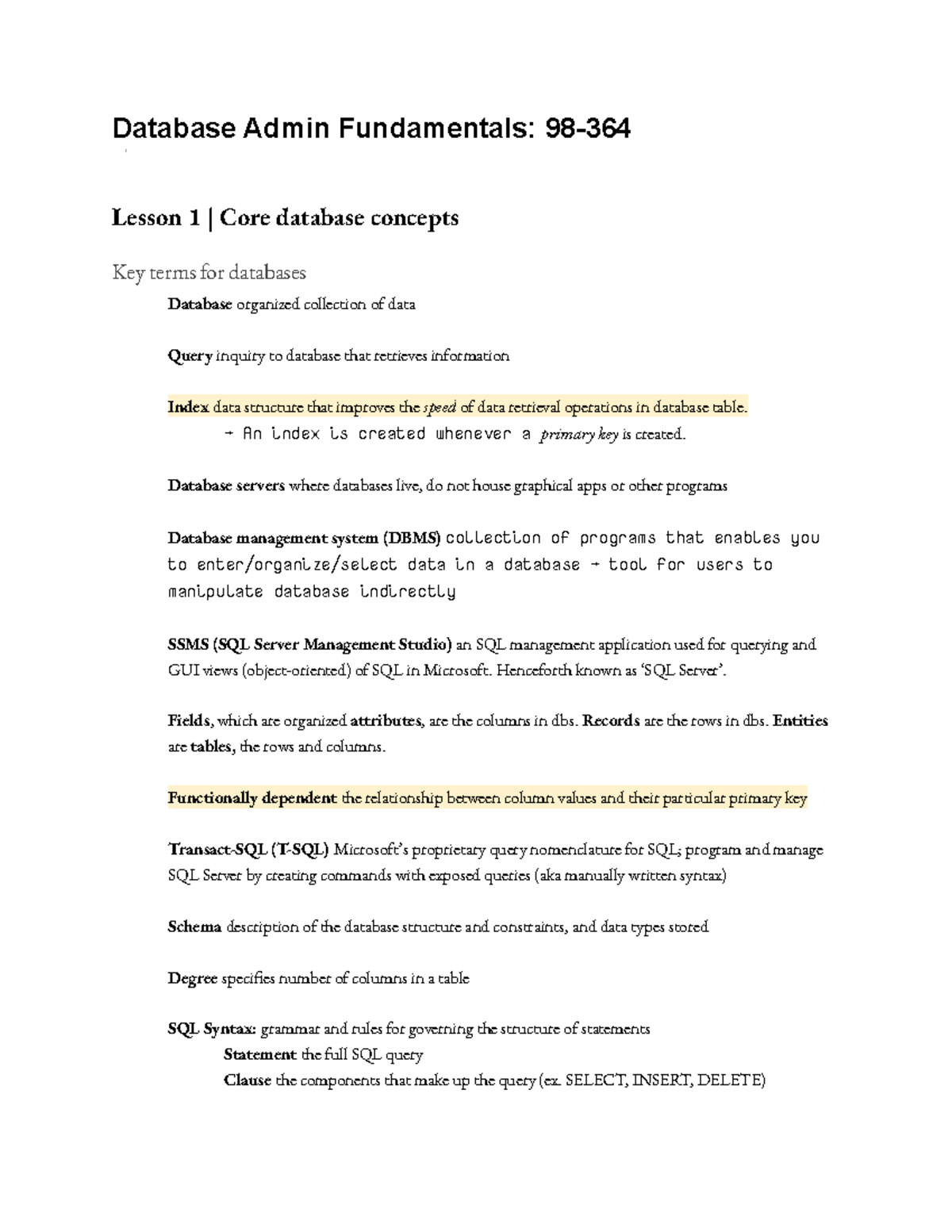 system analysis notes - Database Admin Fundamentals: 98- Lesson 1 ...