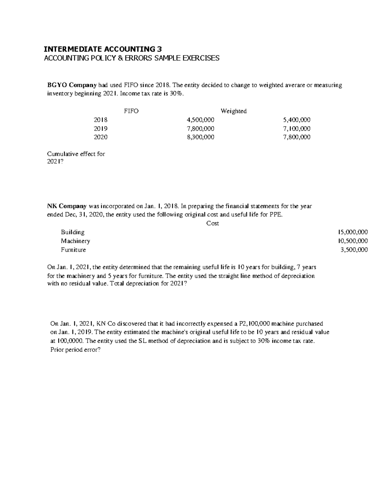BSA Intermediate Accounting 3. Accounting Policy and Errors Sample ...