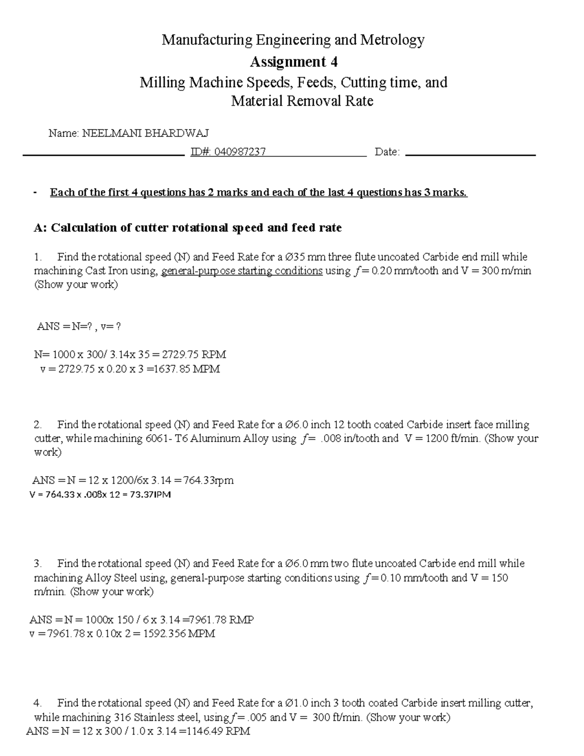 Ass 4 milling - Manufacturing Engineering and Metrology Assignment 4 Milling Machine Speeds ...