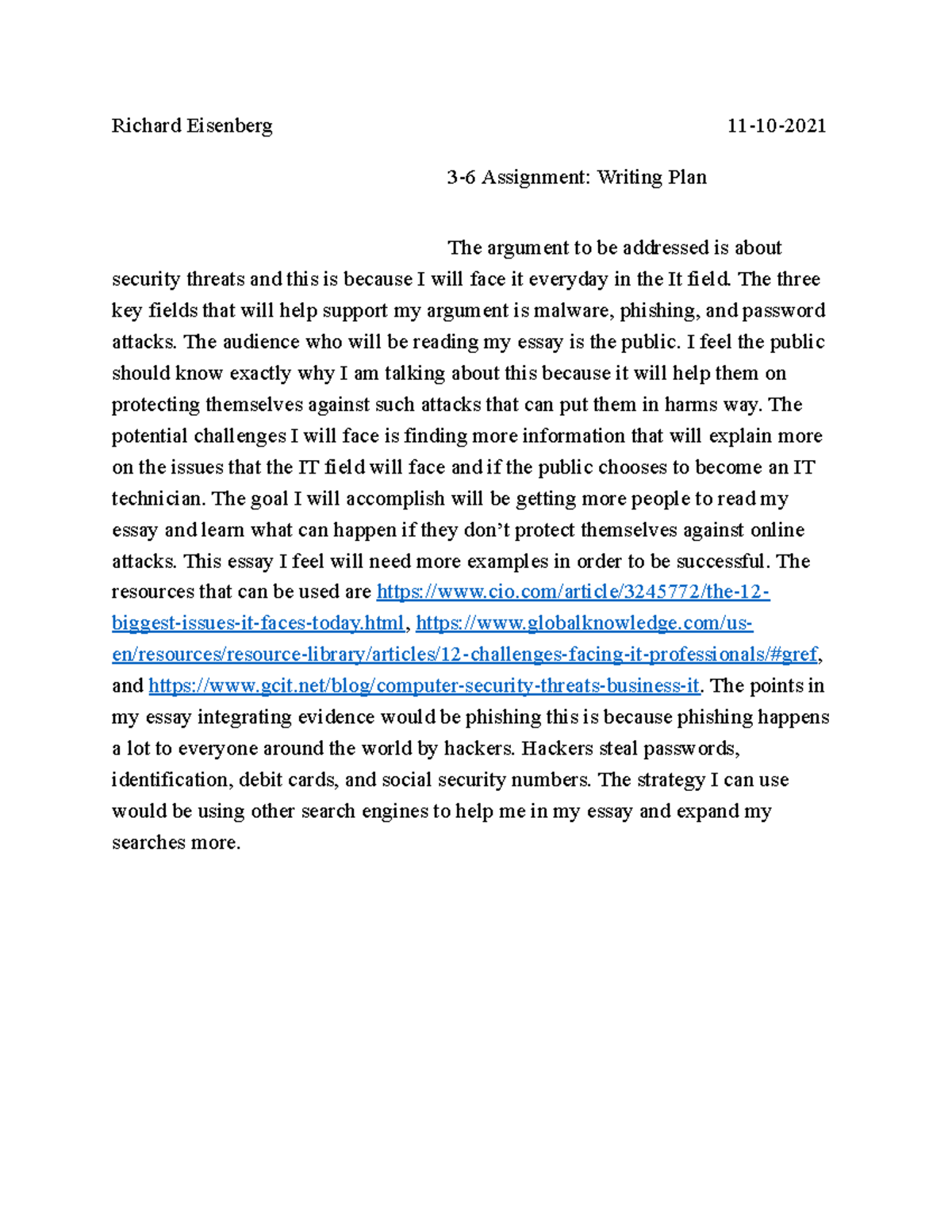 3-6 Assignment Writing Plan - Richard Eisenberg 11-10- 3-6 Assignment ...