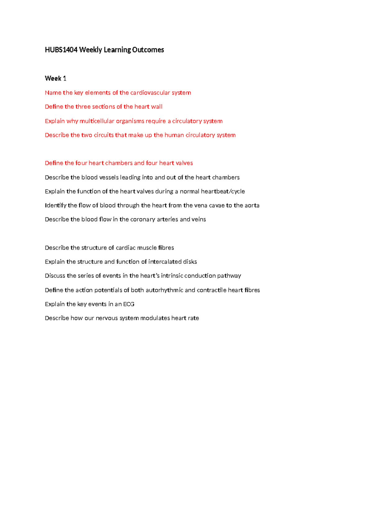 Week 1 biomed points - notes - HUBS1404 Weekly Learning Outcomes Week 1 ...