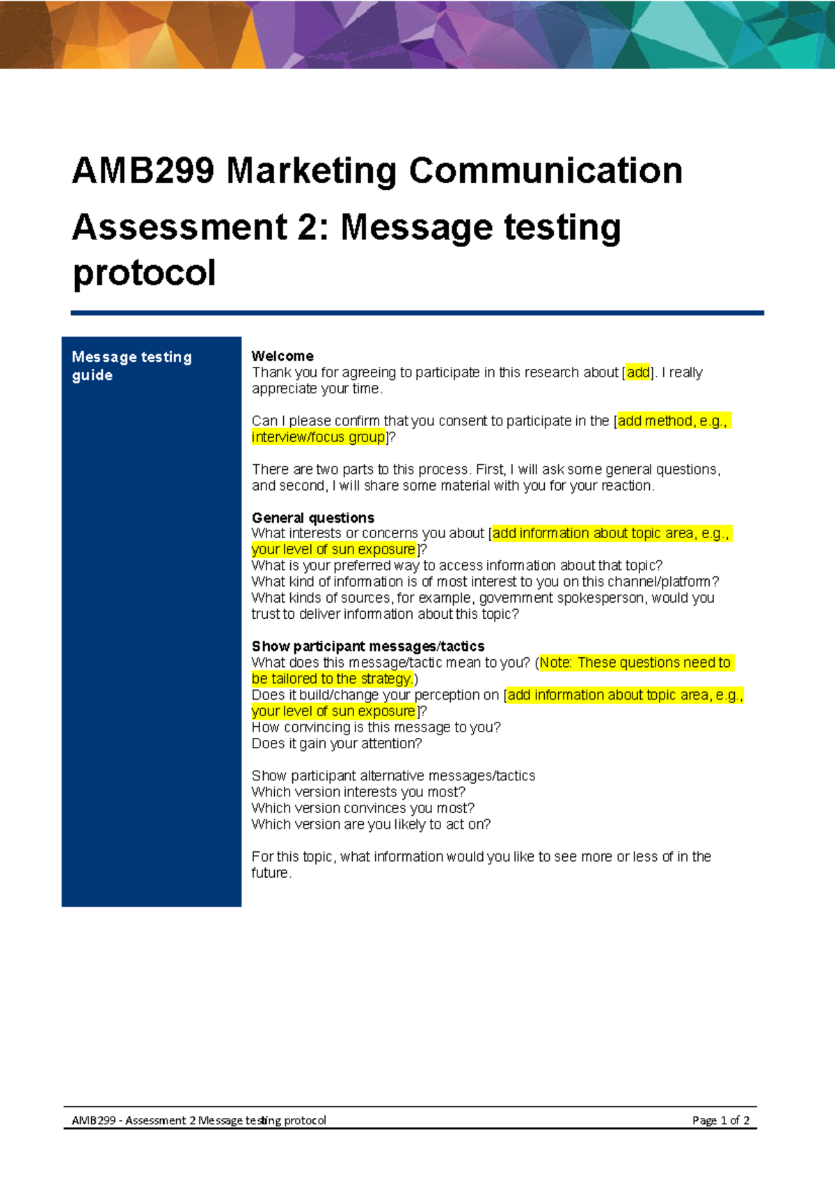 Message testing protocol AMB299 - AMB299 Marketing Communication ...