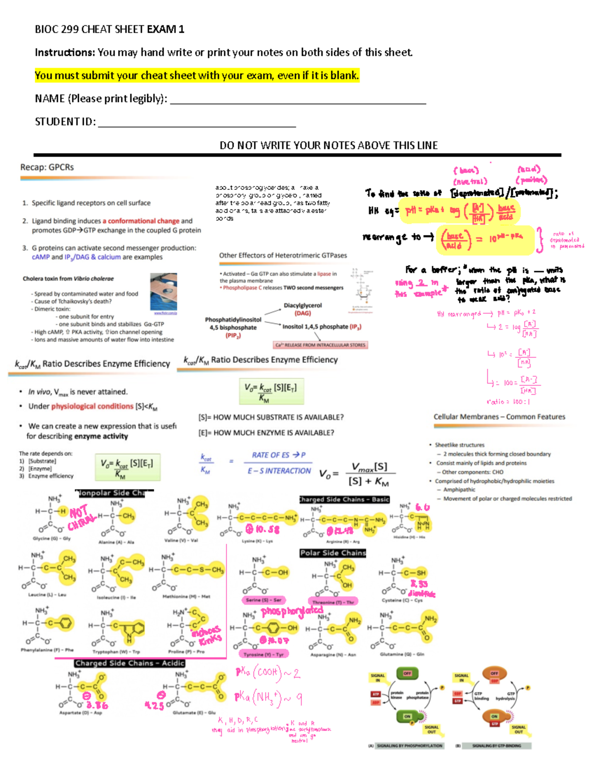 BIOC299 Cheat Sheet Exam 1 - BIOC 299 CHEAT SHEET EXAM 1 Instruc ons: You may hand write or ...