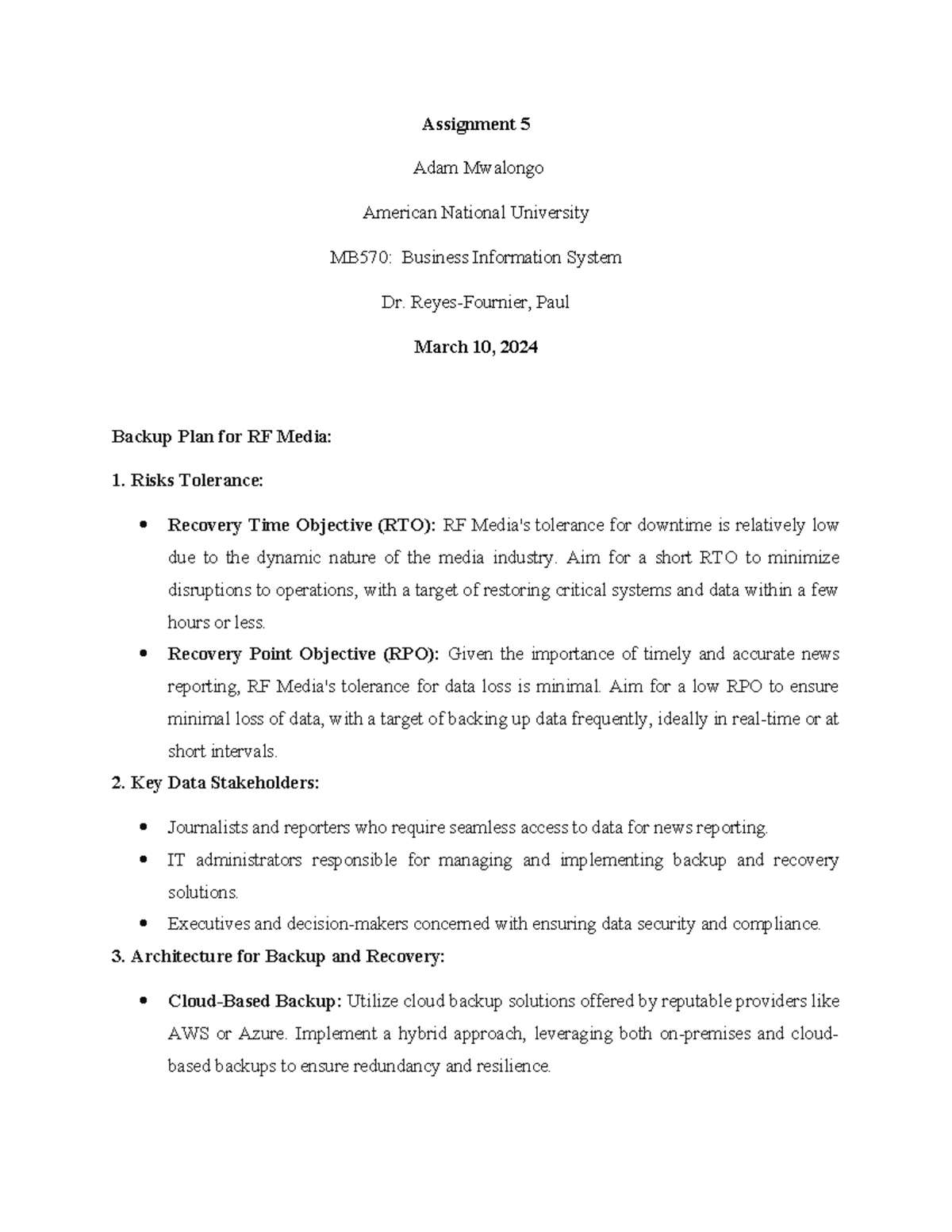 Backup Plan for RF Media - Assignment 5 Adam Mwalongo American National ...