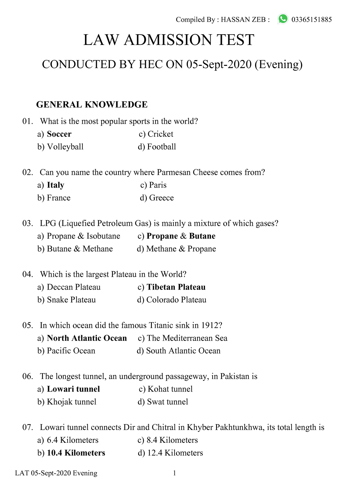 08 - LAT Sept 2020 Evening - LAW ADMISSION TEST CONDUCTED BY HEC ON 05 ...