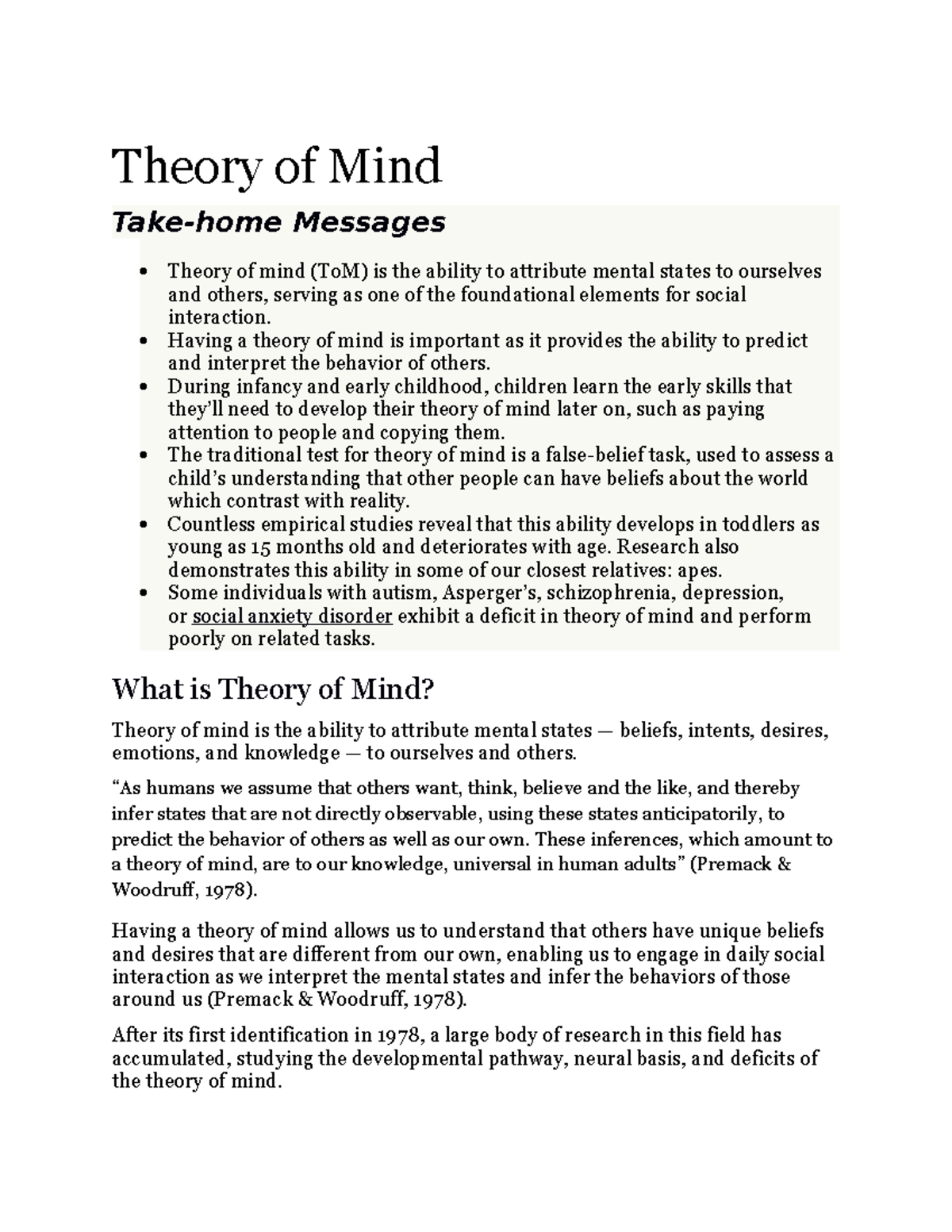 Lecture 7 Theory of Mind - Theory of Mind Take-home Messages Theory of ...