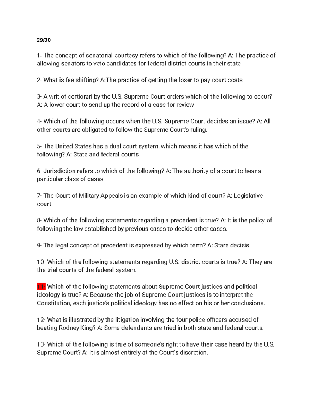 Liberty University GOVT220 - Quiz The Judiciary - 29/ 1- The concept of ...