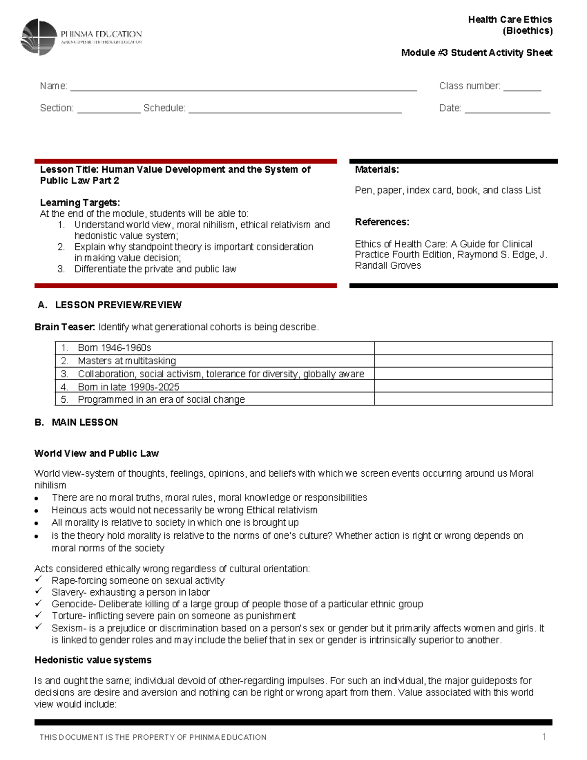 Bioethics Session 3 SAS - (Bioethics) Module #3 Student Activity Sheet ...