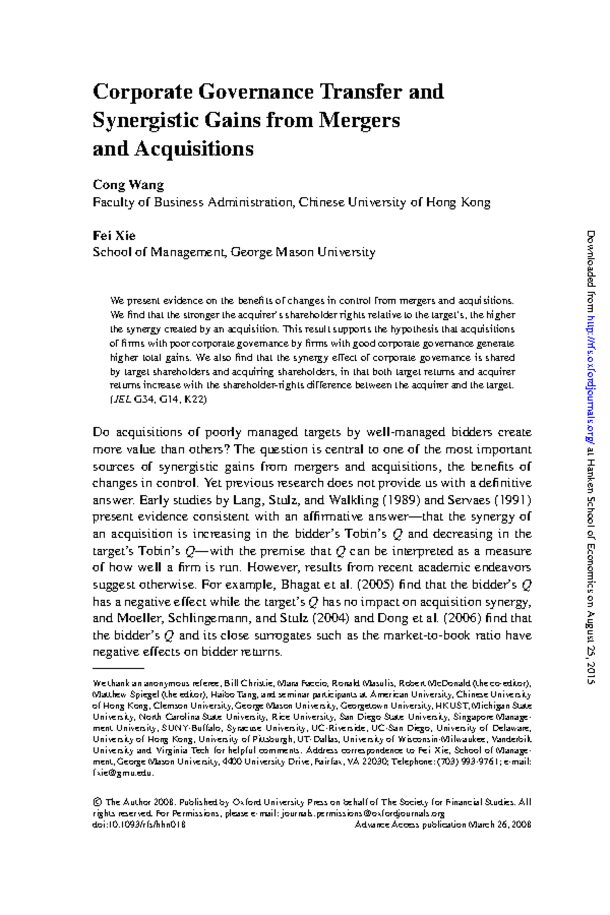 Wang, Cong, and Fei Xie, 2009 , Corporate governance transfer and ...