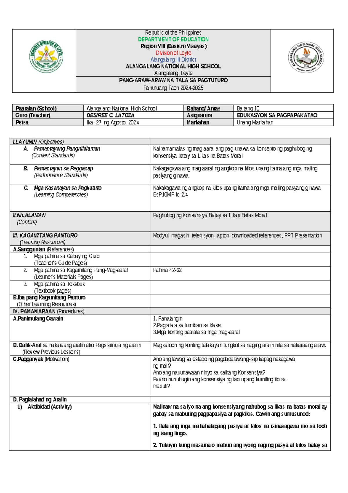 August-27-ESP lp - Lesson plan - Republic of the Philippines DEPARTMENT ...