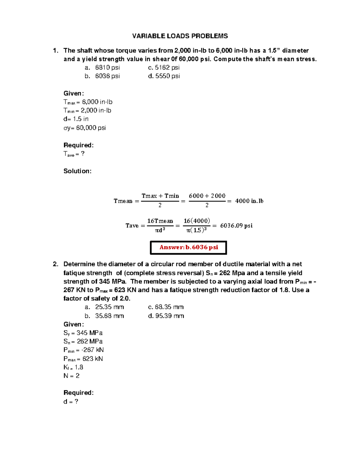 Variable Load Assignment - VARIABLE LOADS PROBLEMS The shaft whose ...
