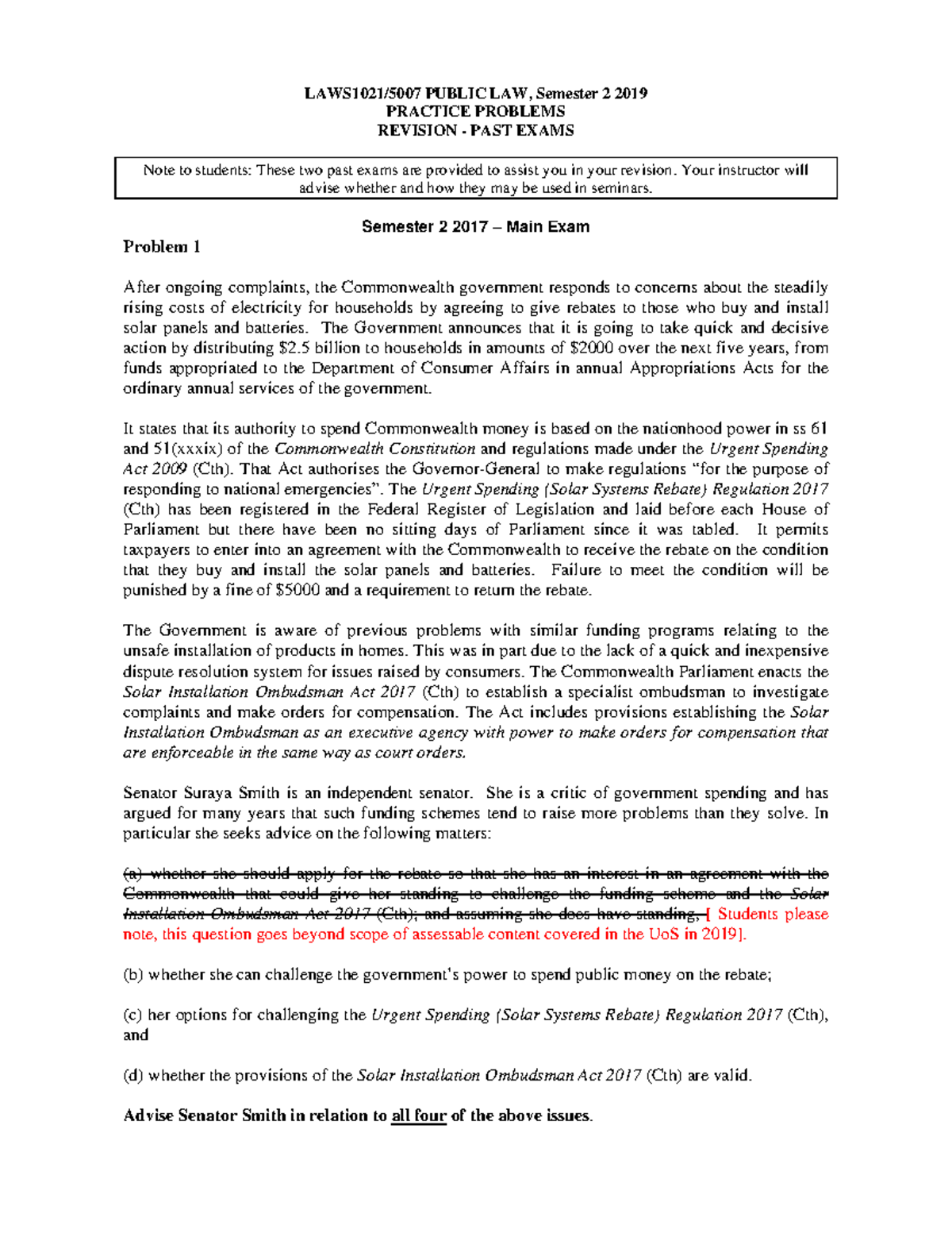 practice problems from public law - LAWS1021/5007 PUBLIC LAW, Semester ...