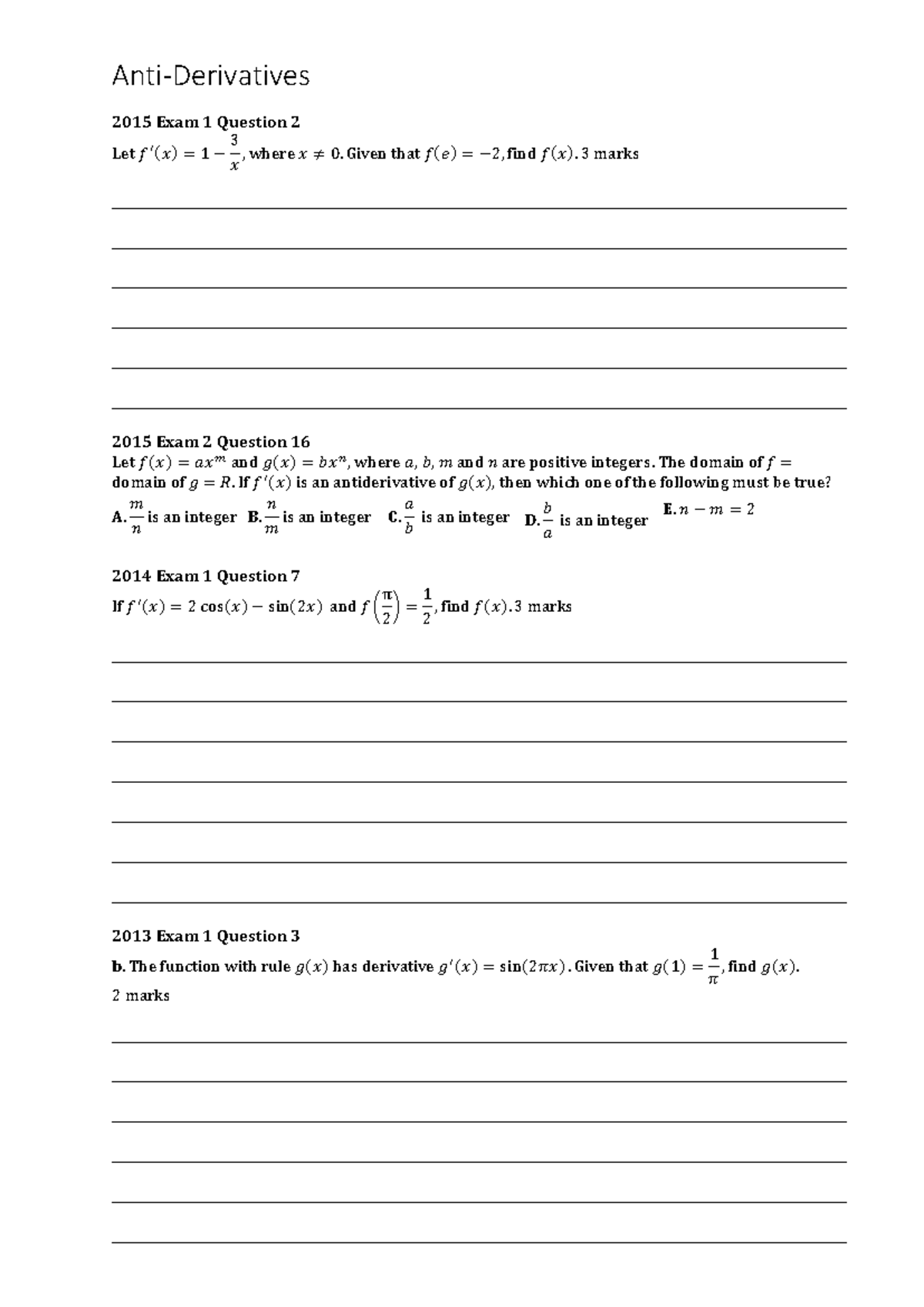 2000-2015 Calculus Anti-Derivatives - 2015 Exam 1 Question 2 Let 𝑓 ᇱ (𝑥) = 1 − 3 𝑥 ⎯⎯, where 𝑥 ≠ ...