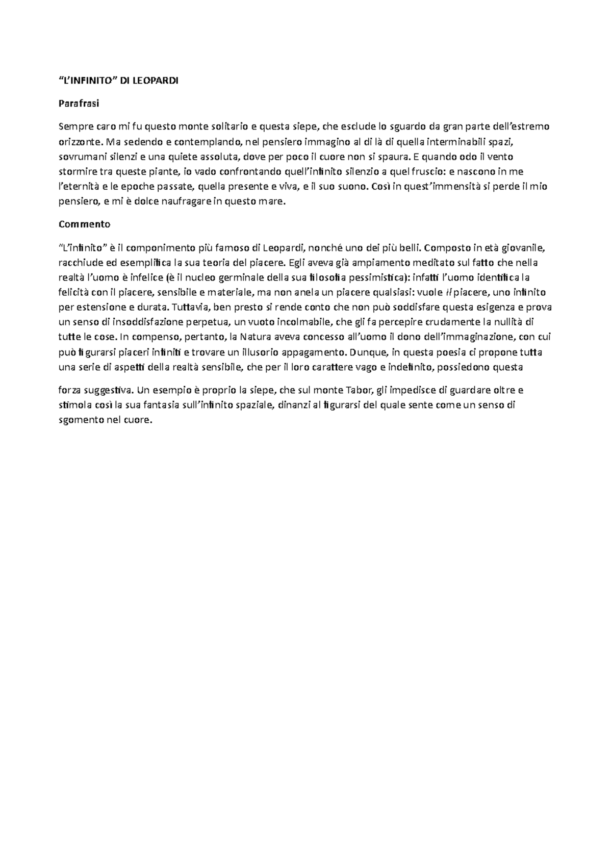 L'infinito - Commento sull'infinito - “L’INFINITO” DI LEOPARDI ...