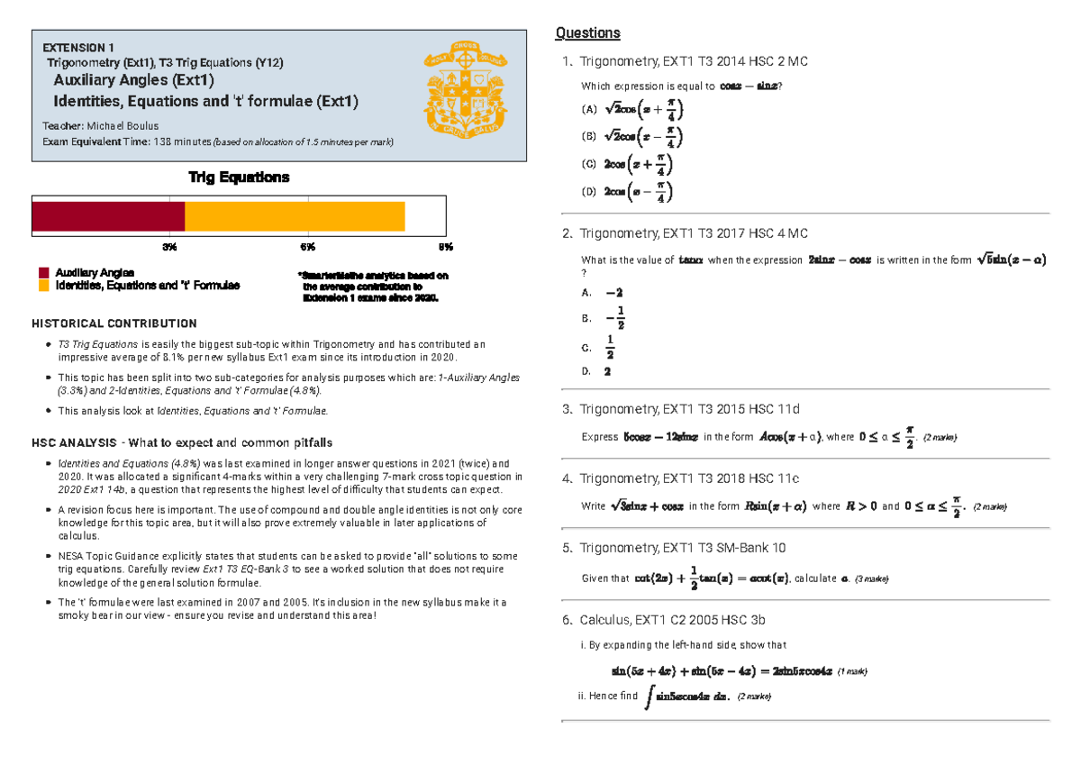 12 Trigonometric Equations - EXTENSION 1 Trigonometry (Ext1), T3 Trig ...