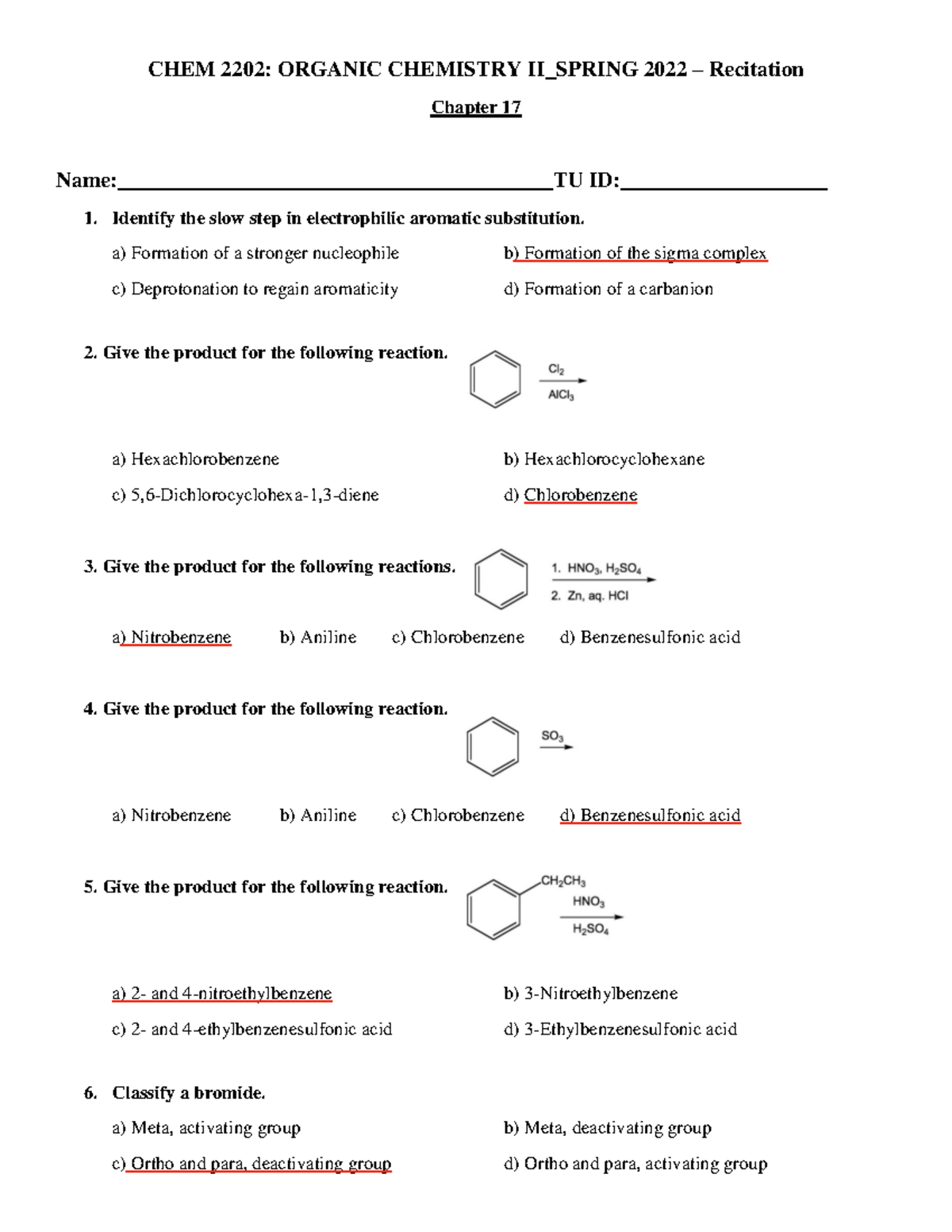 CHEM 2202 Spring 2022 - Recitation chapter 17 questions (1) - CHEM 2202: ORGANIC CHEMISTRY II ...