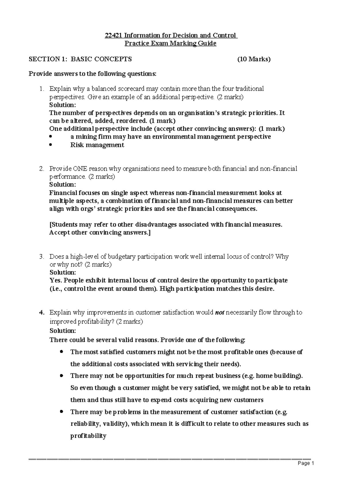 Practice Exam Solutions AUT 2024 - 22421 Information for Decision and ...