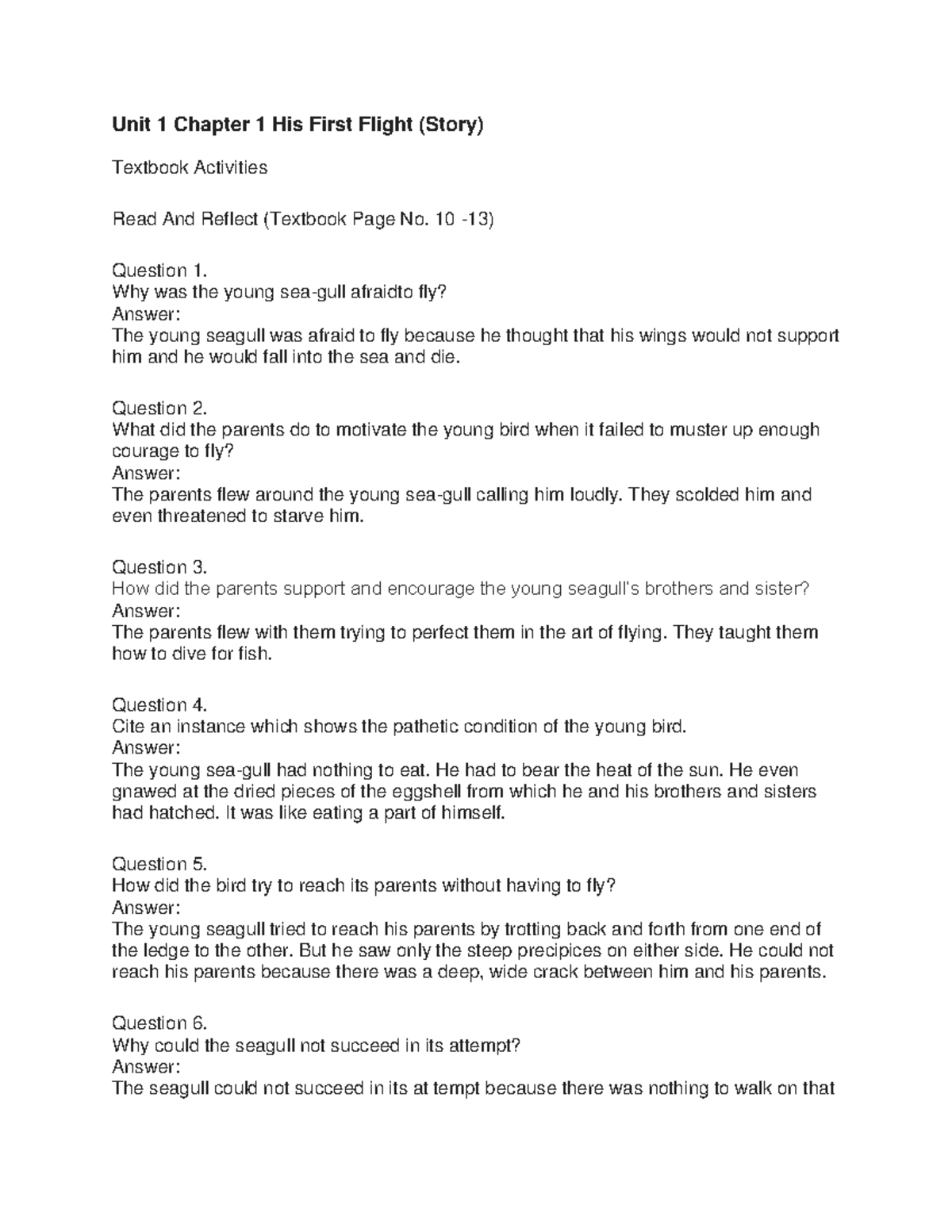 His First Flight - 10 -13) Question 1. Why was the young sea-gull ...