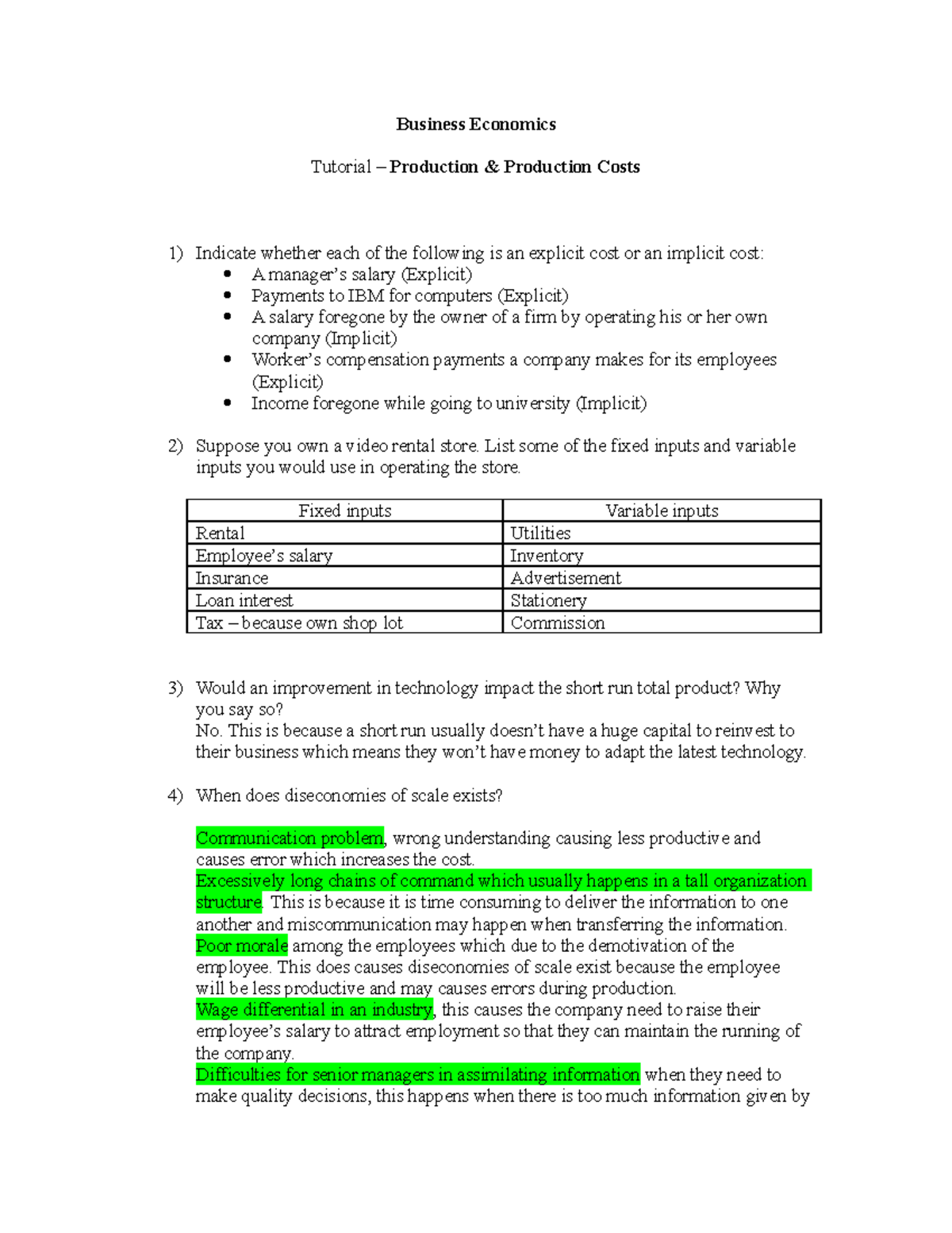 Production Costs exercises - Business Economics Tutorial – Production ...