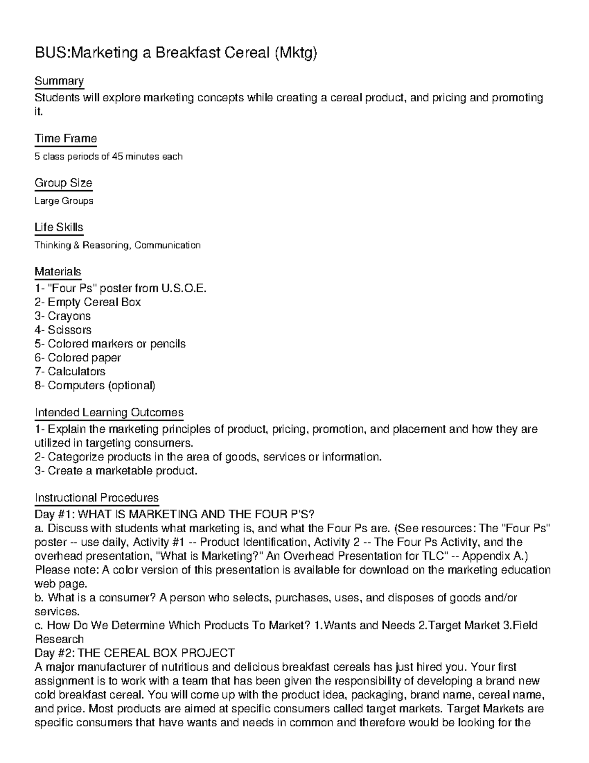Marketing a Breakfast Cereal - Time Frame 5 class periods of 45 minutes ...